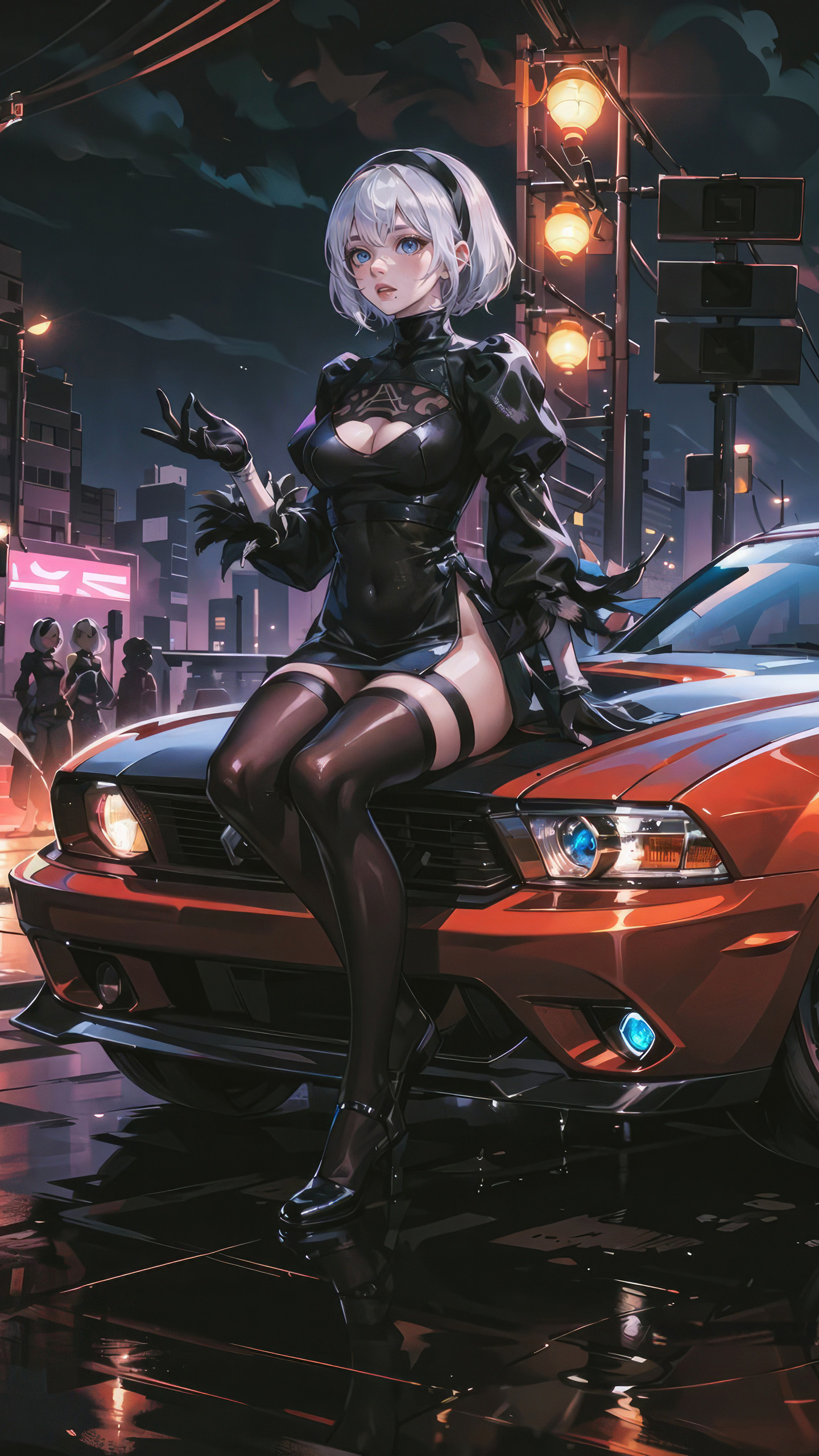 1440x2560 2b Nier Automata And Her Mercedes In The Neon Cityscape Samsung Galaxy S6,S7 ,Google ...