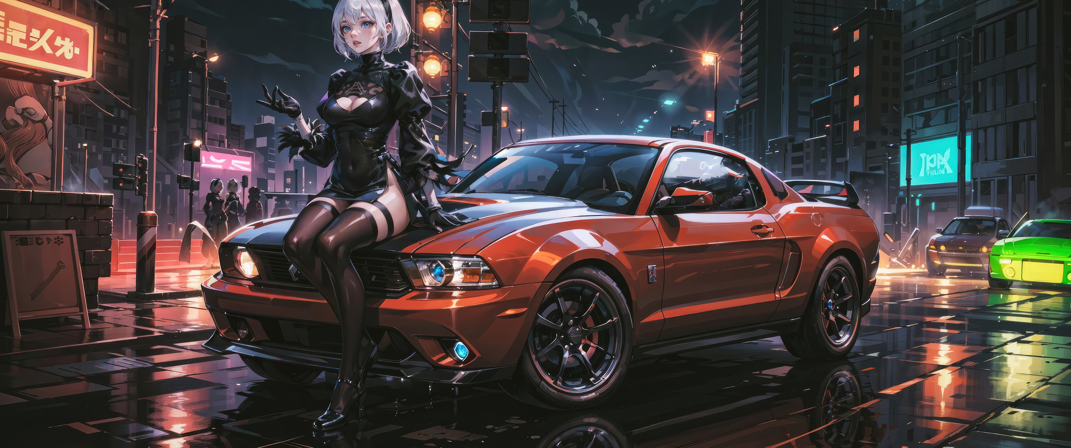 3440x1440 2b Nier Automata And Her Mercedes In The Neon Cityscape ...