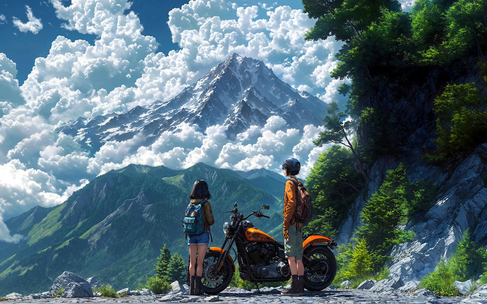 1920x1200 Anime Boy And Girl On Bike Together On The Peaks 1080P ...