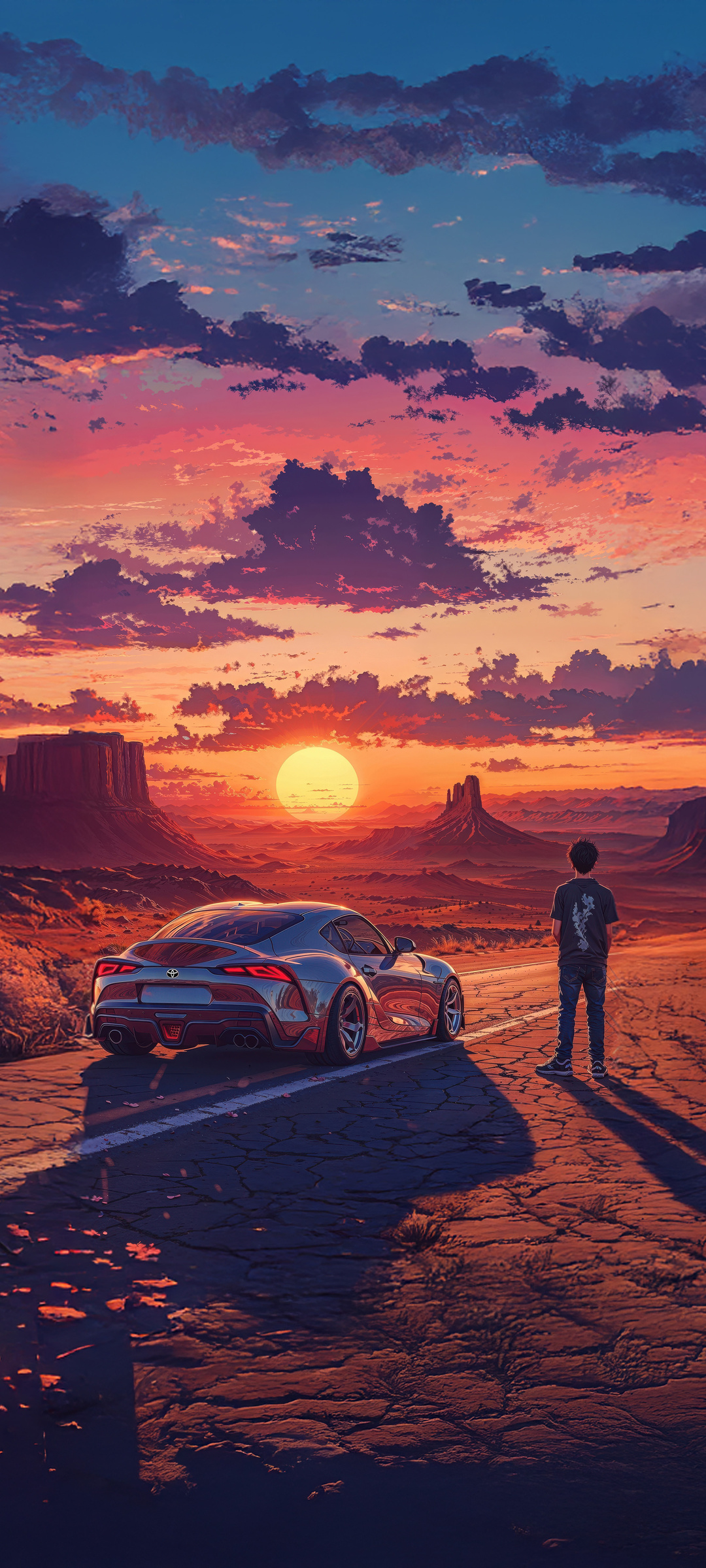 1080x2400 Anime Boy With Toyota Supra In Desert Roads Google Pixel 7 ...