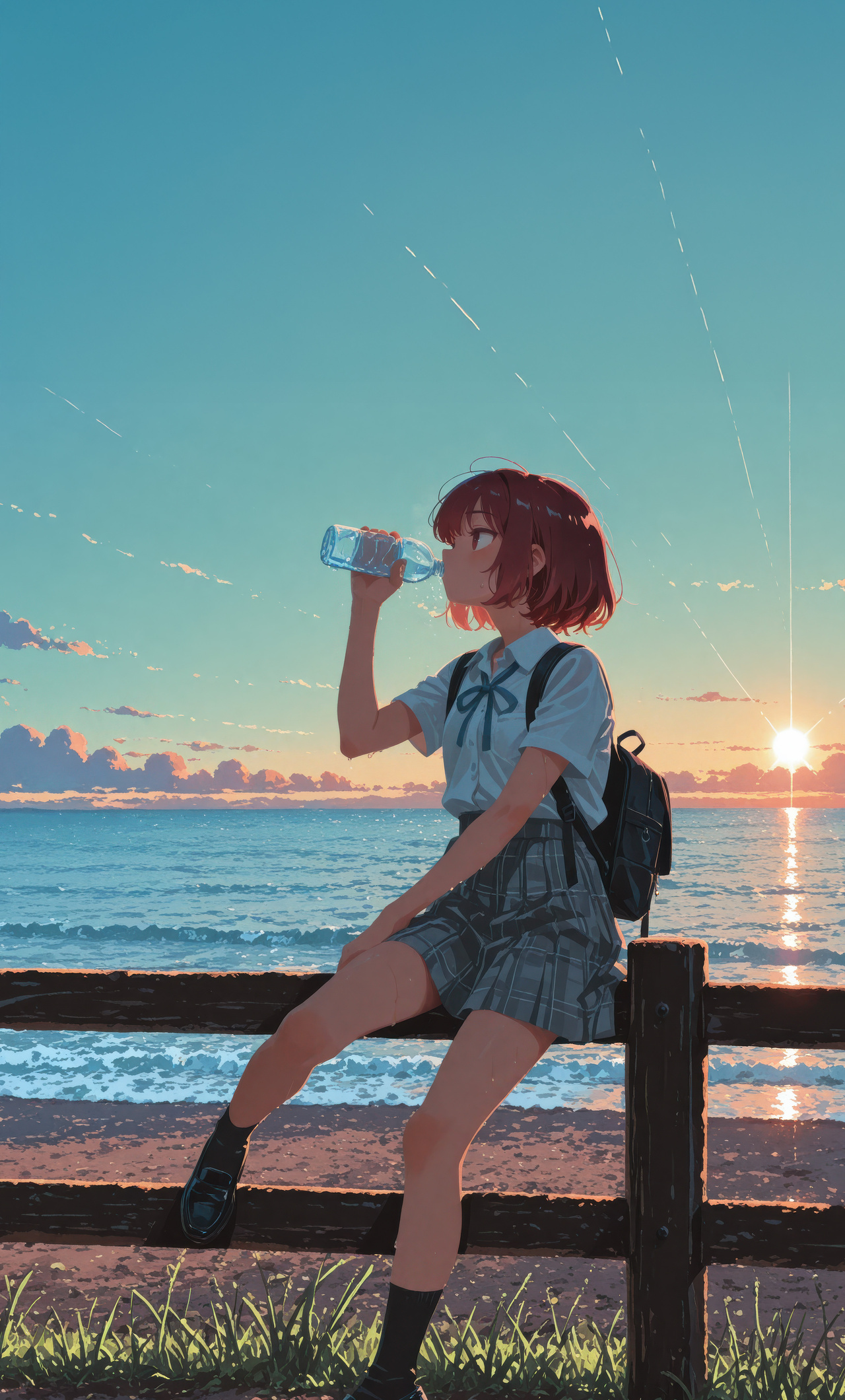 1280x2120 Anime Girl Drinking Water Sitting On A Fence iPhone 6+ ,HD 4k ...