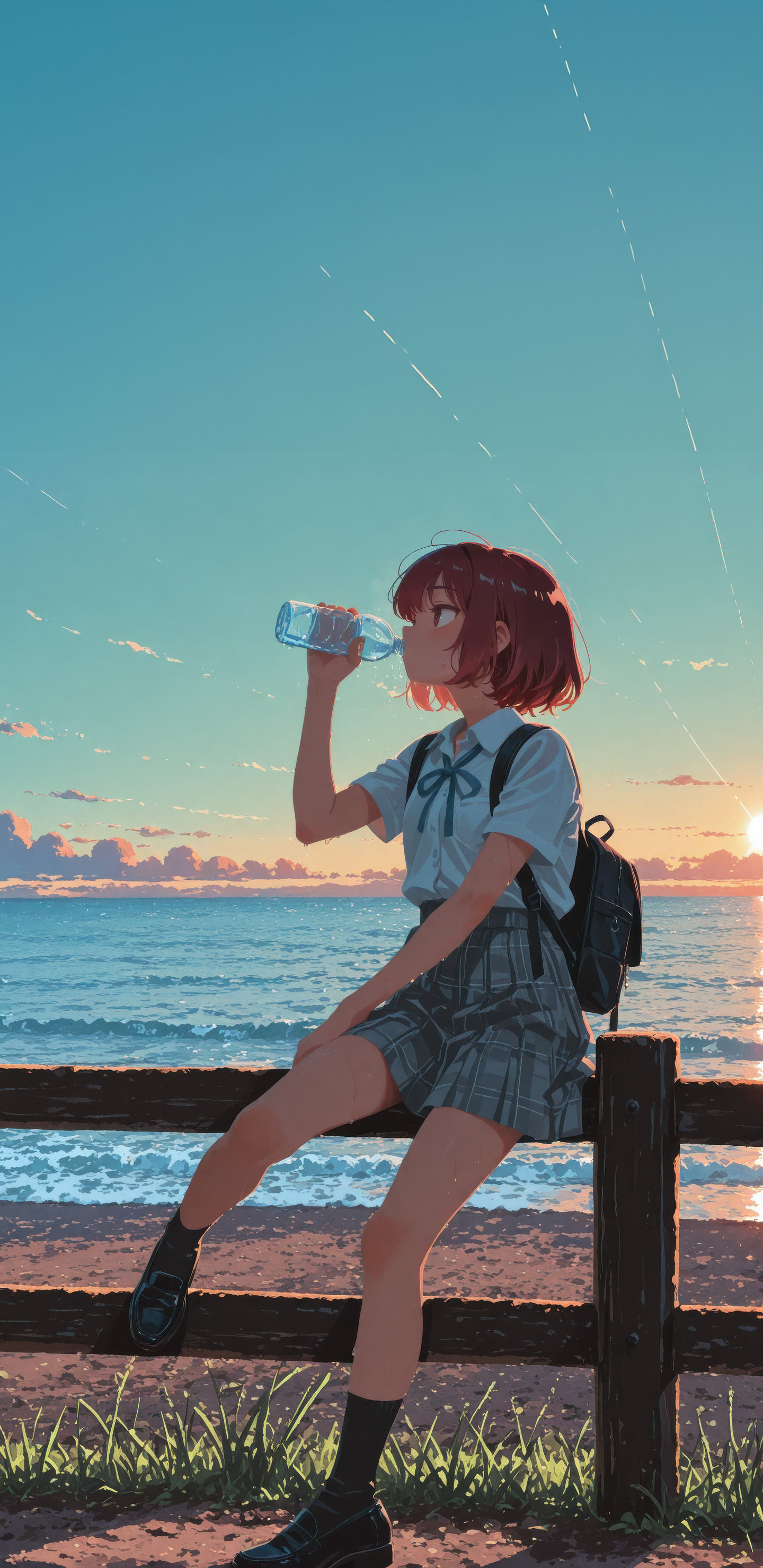 1440x2960 Anime Girl Drinking Water Sitting On A Fence Samsung Galaxy ...