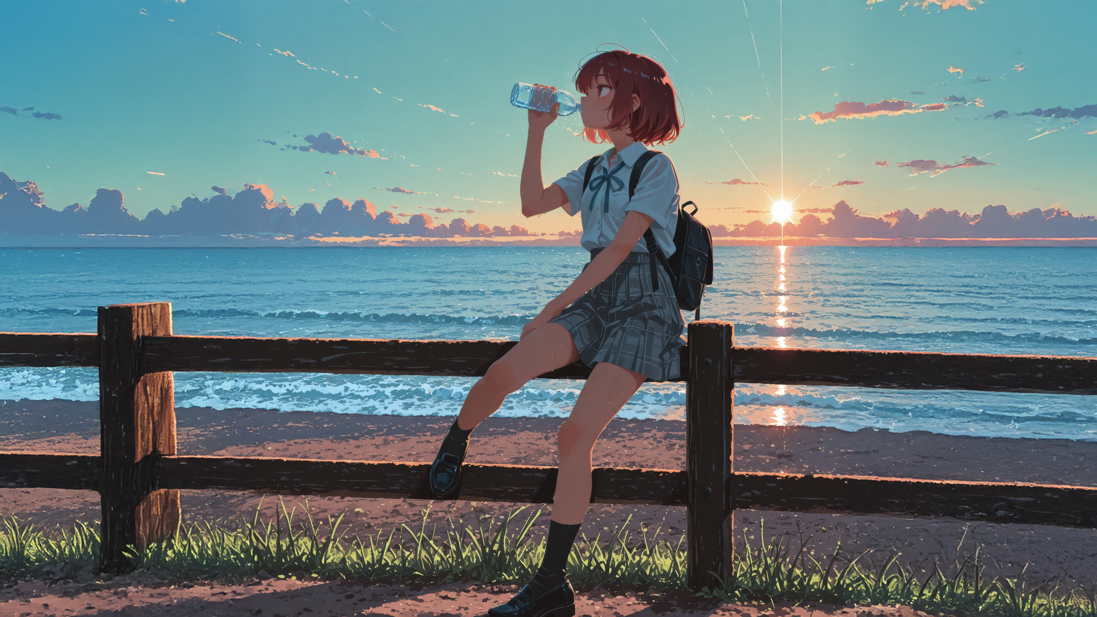 3840x2160 Anime Girl Drinking Water Sitting On A Fence 4K ,HD 4k ...