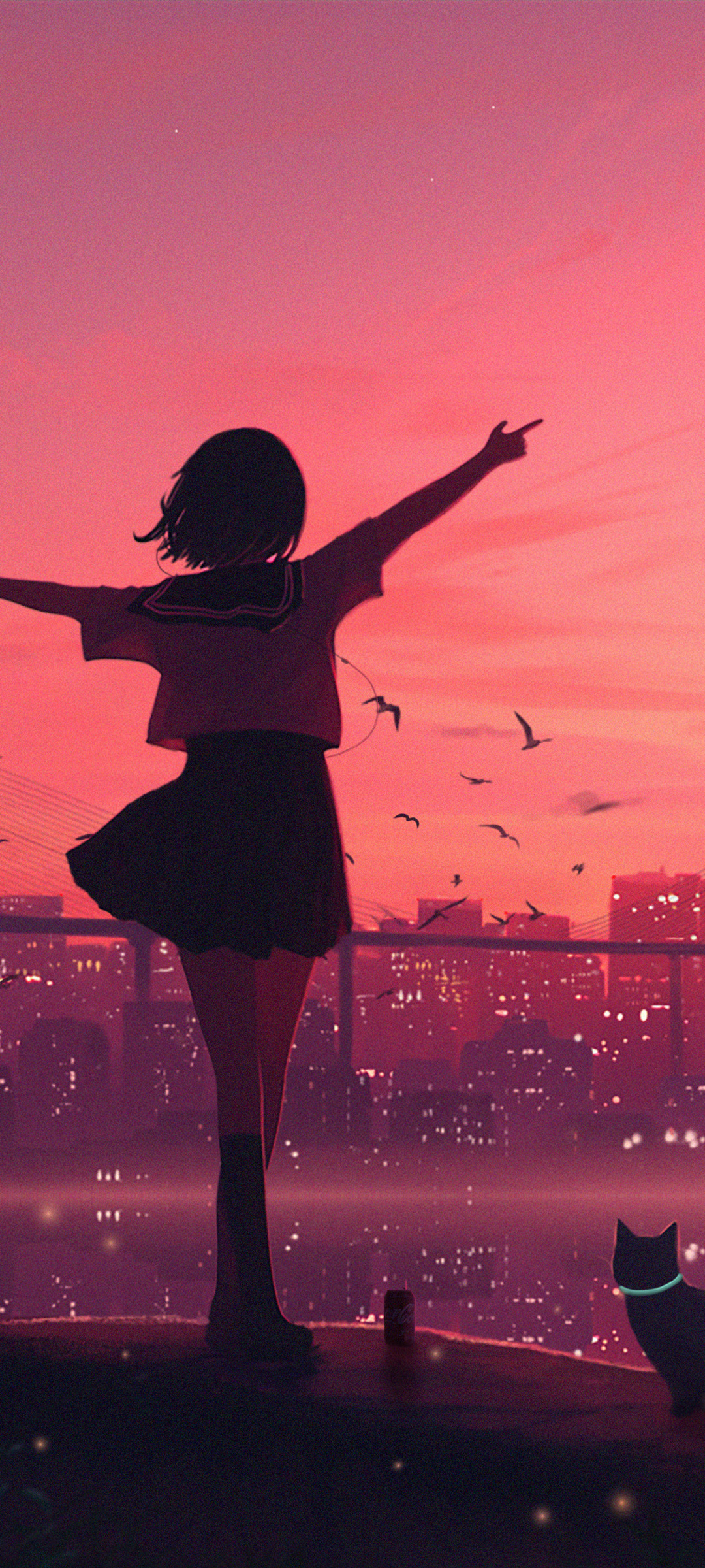 1080x2400 Anime Girl On Rooftop Dancing With Cat City Skyline Google ...