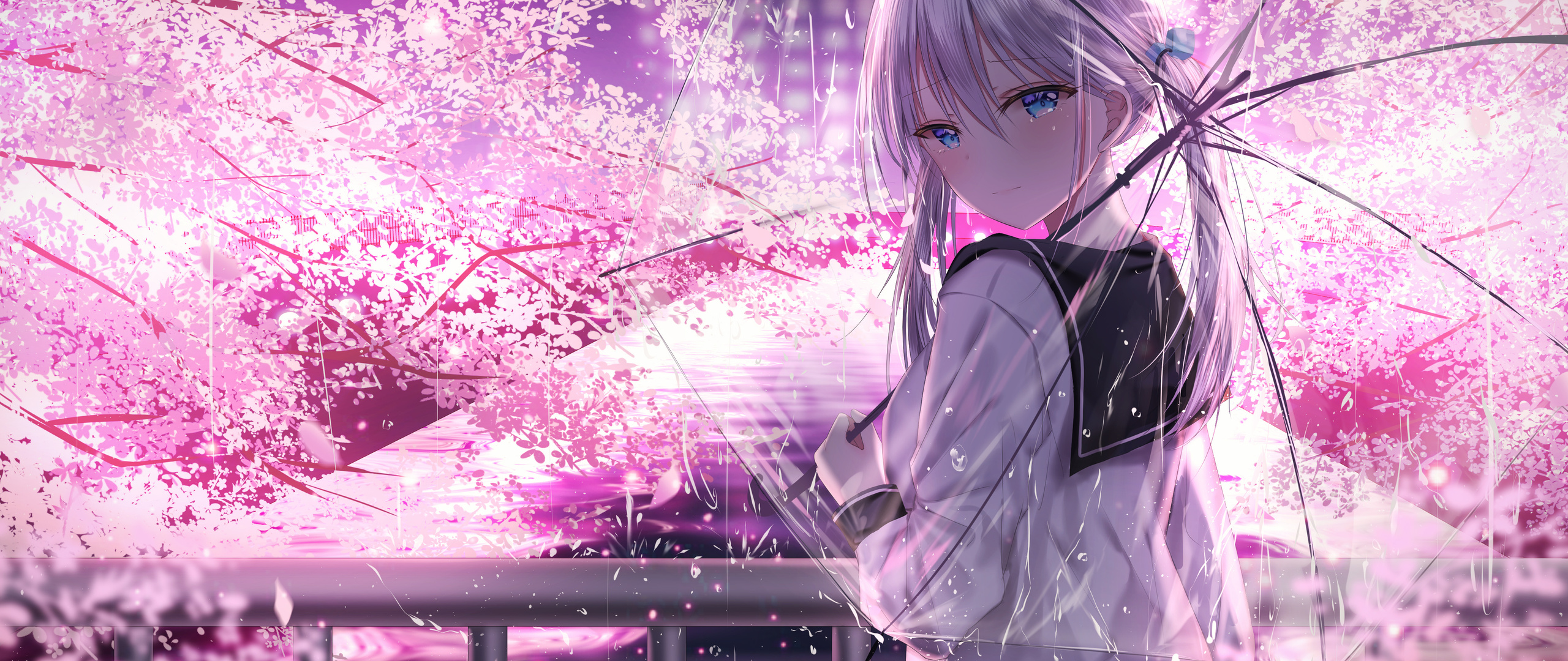 2560x1080 Anime Girl With Umbrella Outdoors Looking Back 5k Wallpaper