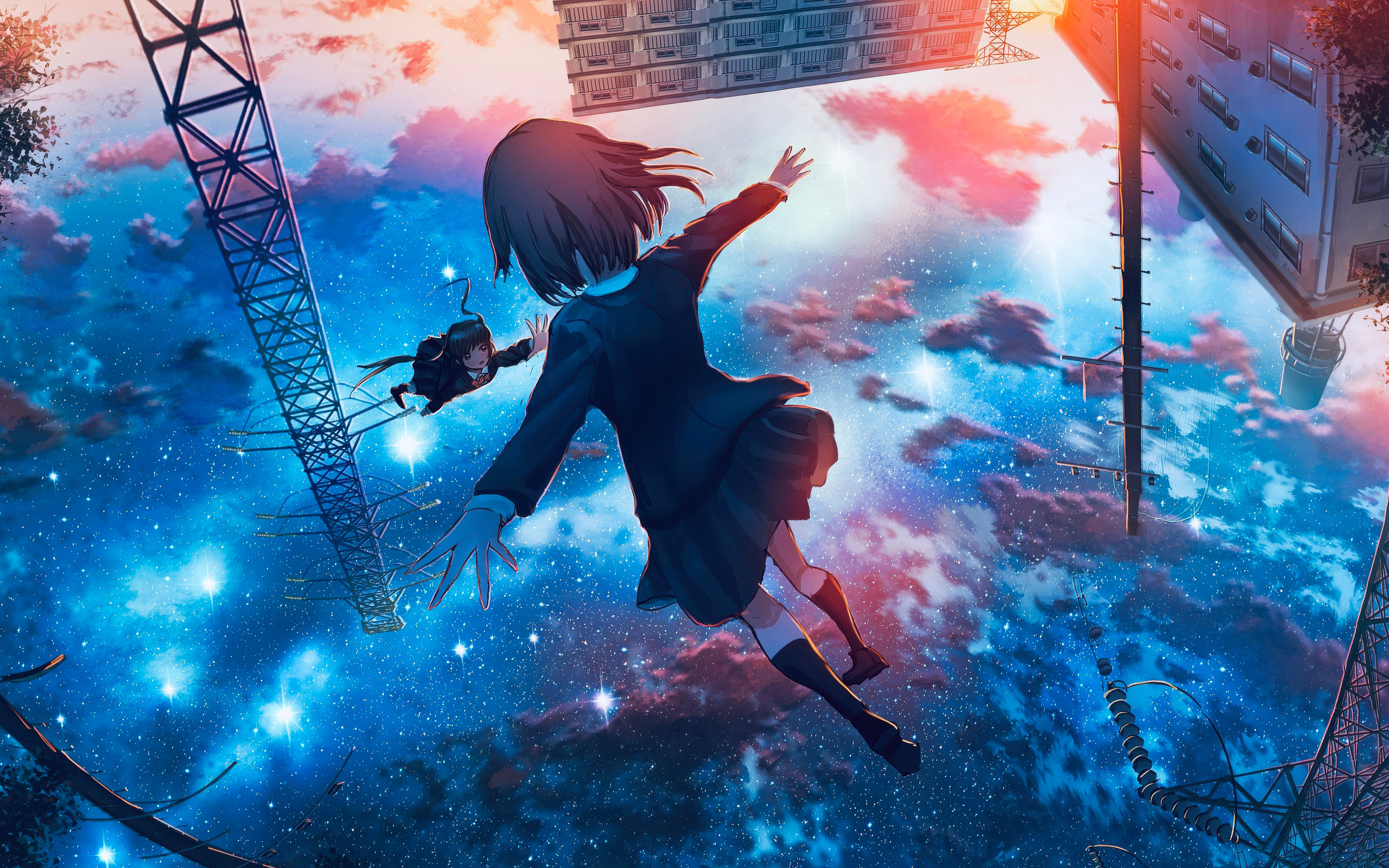 2560x1600 Anime Two Girl Freefall Jumping Through Sky Wallpaper ...