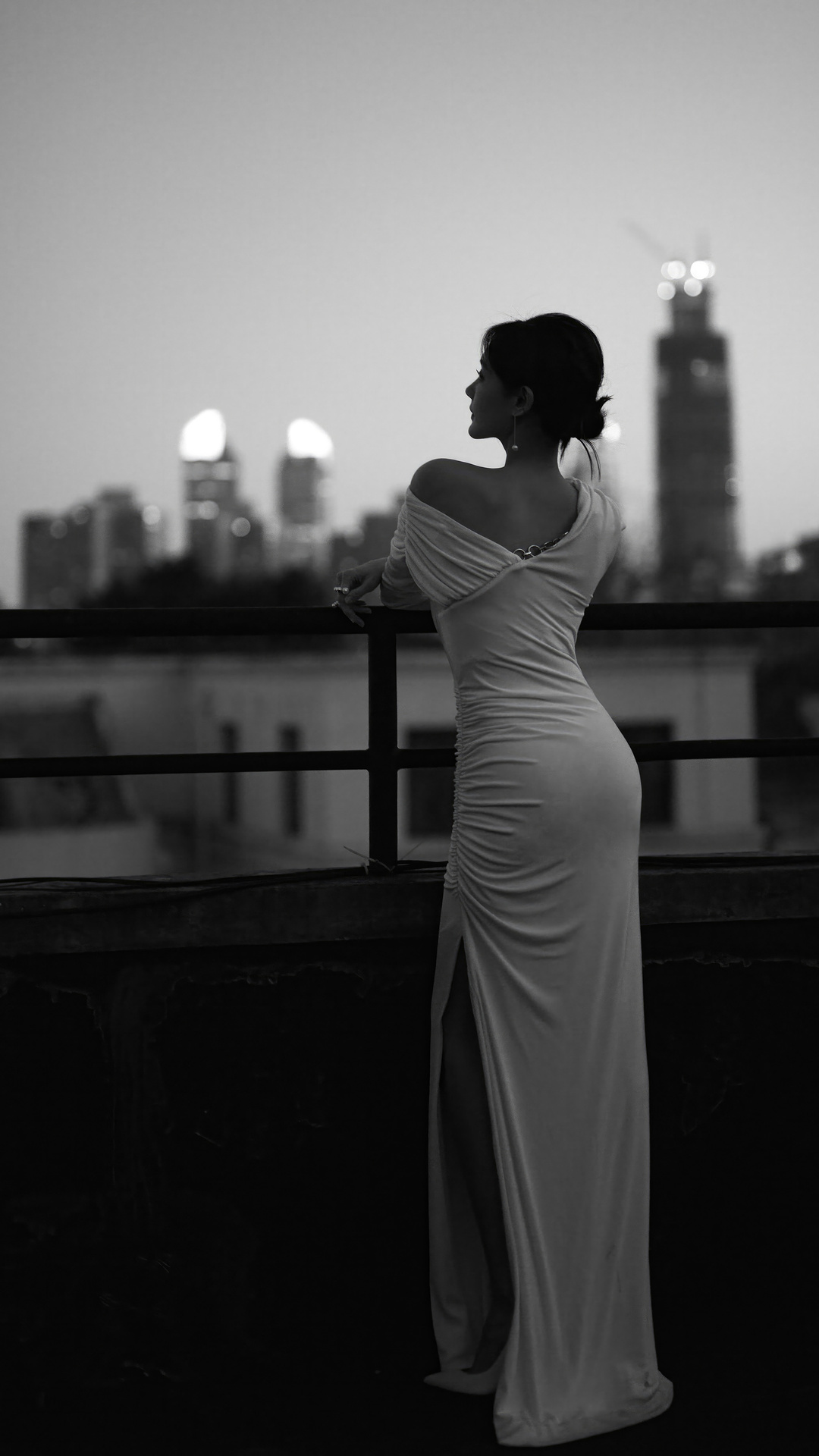 1080x1920 Asian Girl In Classy White Dress Standing Monochrome 5k
