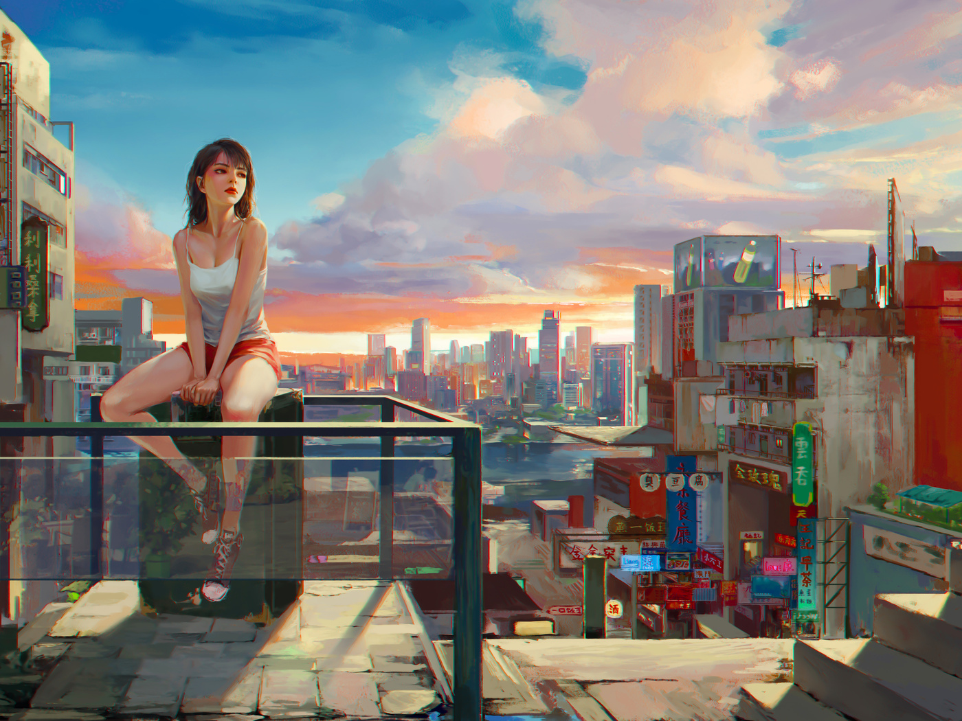 1400x1050 Asian Girl Sitting On Roffside 12k Wallpaper 1400x1050