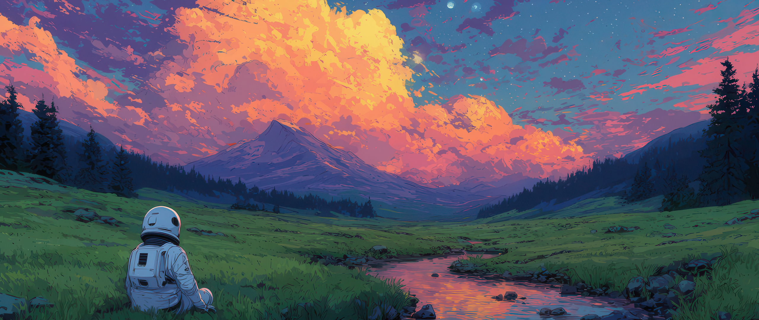 2560x1080 Astronaut Sitting Alone Watching The Peaceful Sunset ...