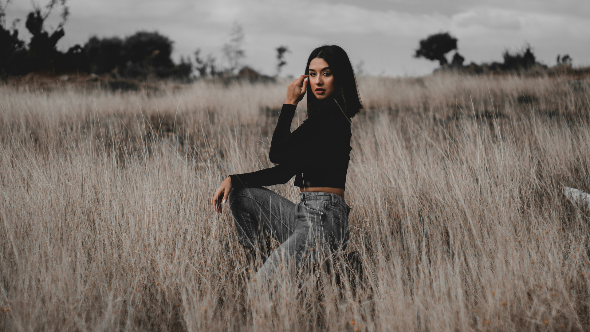 1920x1080 Black Crop Top Model In Fields Laptop Full HD 1080P ,HD 4k ...