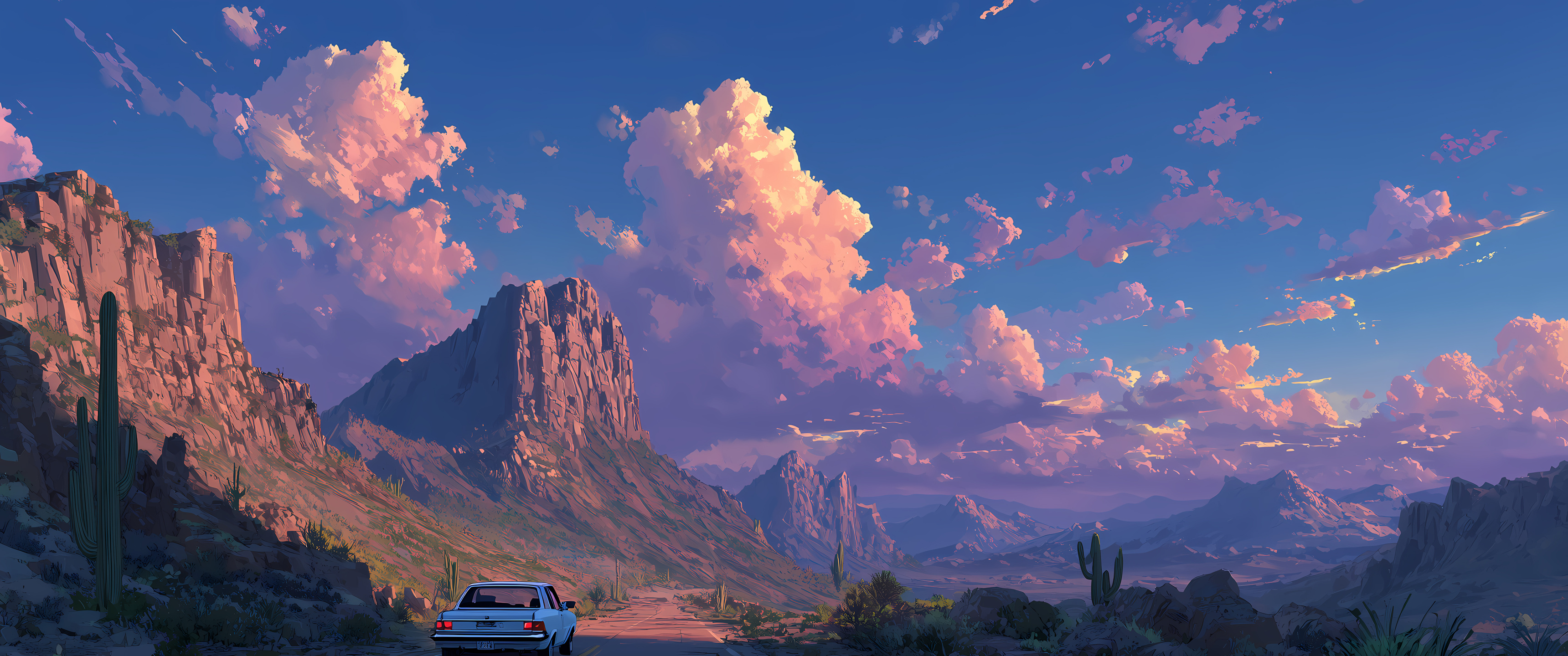 3440x1440 Car Driving Through A Desert Canyon At Sunset UltraWide Quad ...