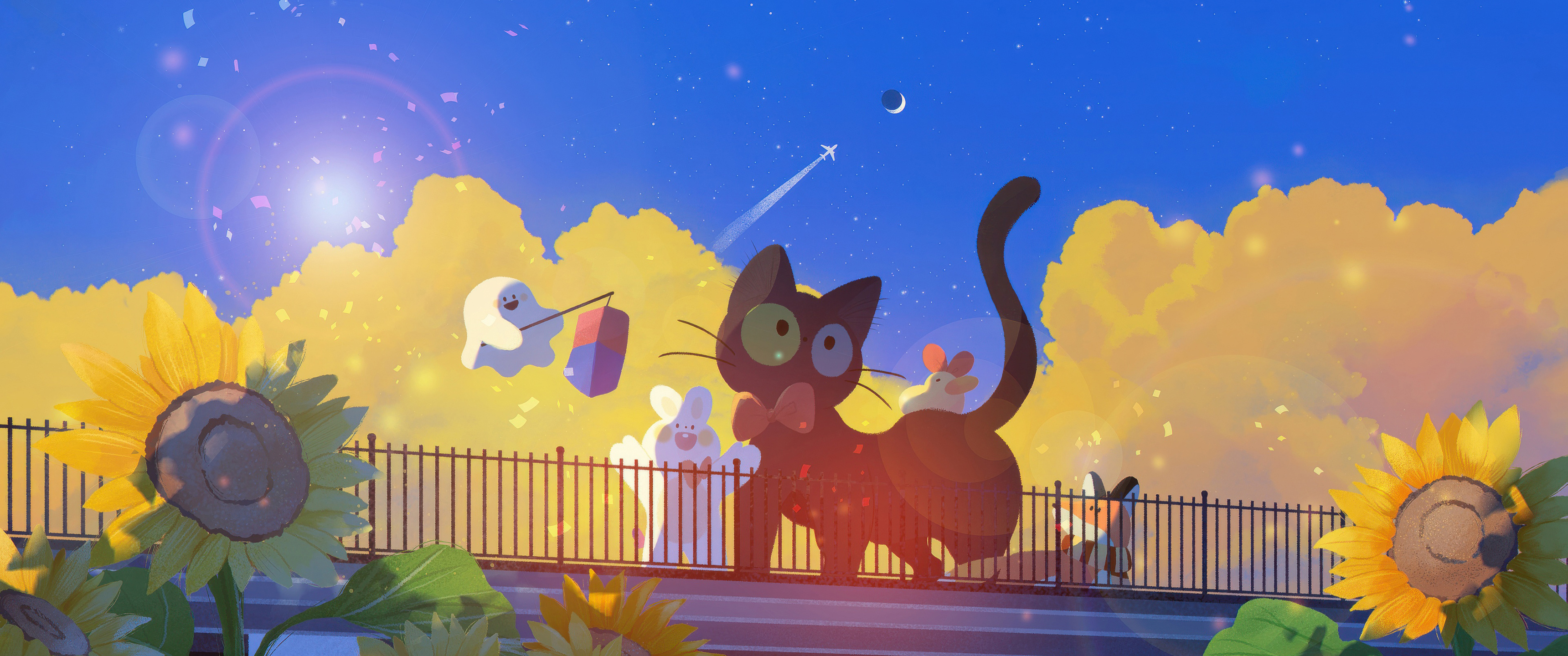 3440x1440 Cute Cat With Sunflowers And Butterflies UltraWide Quad HD ...