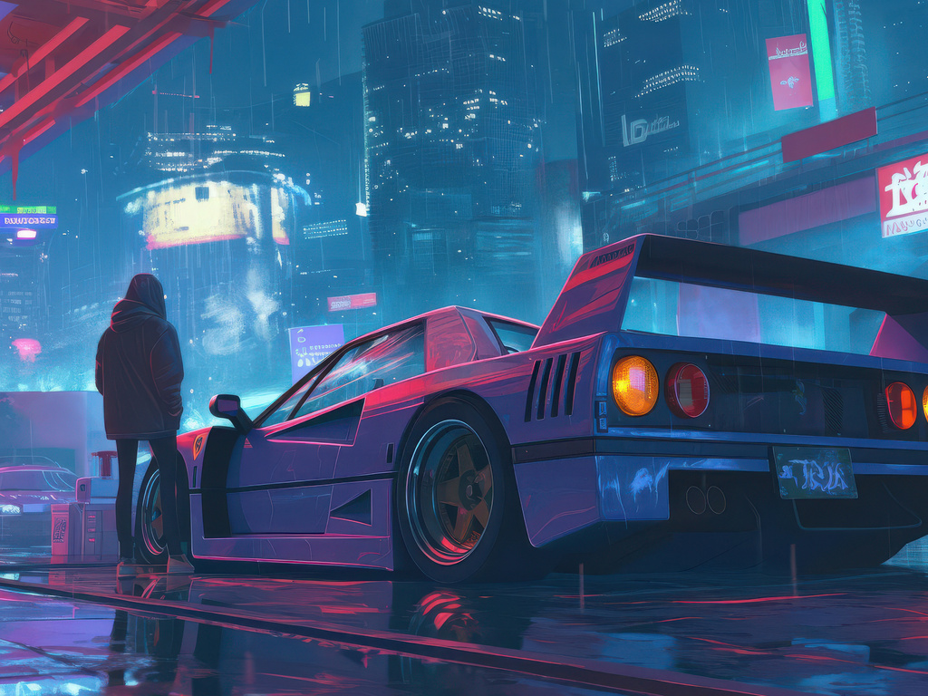 1024x768 Cyberpunk Purple Ferrari F40 At Night Wallpaper,1024x768 ...