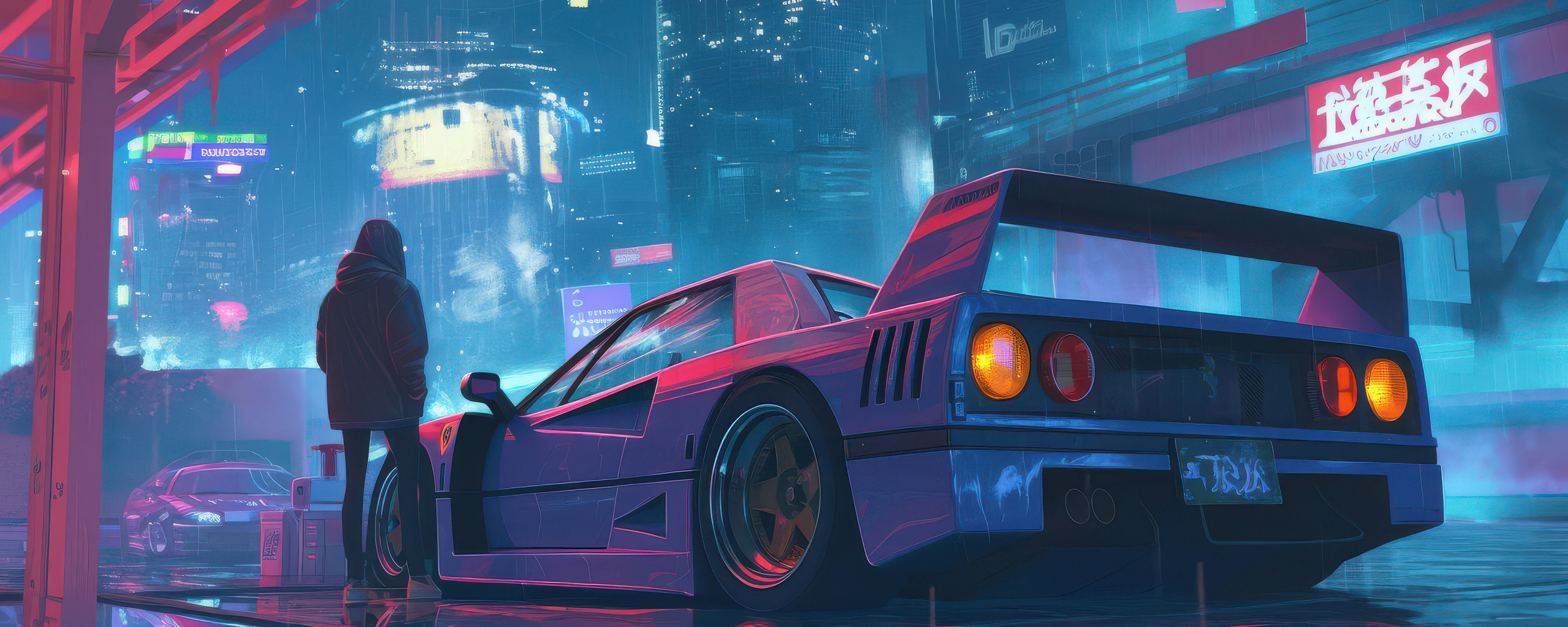 2560x1024 Cyberpunk Purple Ferrari F40 At Night Wallpaper,2560x1024 ...