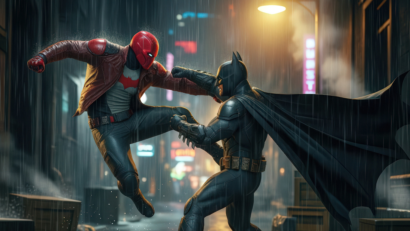 1366x768 Dark Knight Vs Red Hood Laptop HD ,HD 4k Wallpapers,Images,Backgrounds,Photos and Pictures