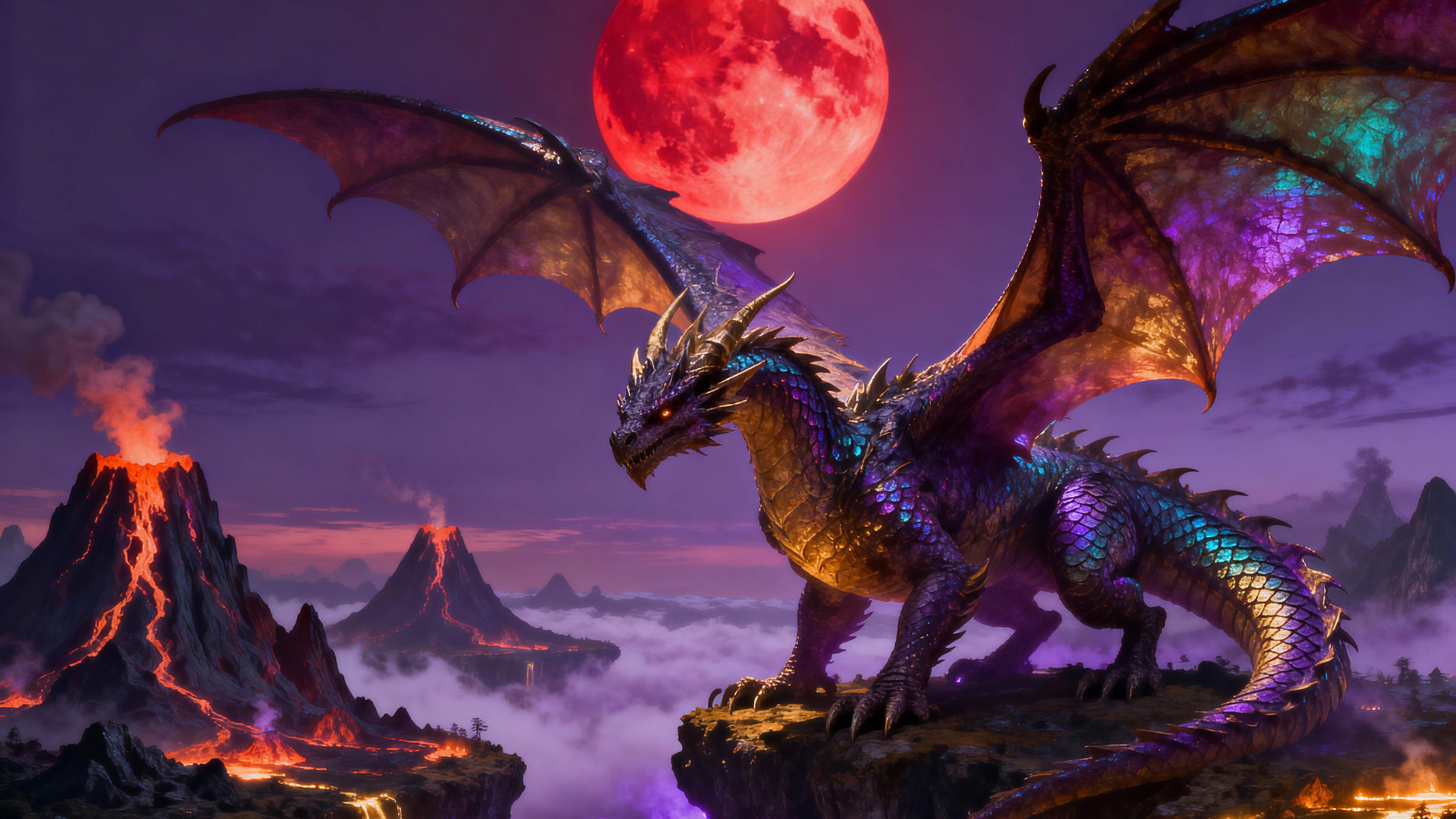 3840x2160 Dragon With Red Moon And Volcanoes 4K ,HD 4k Wallpapers ...
