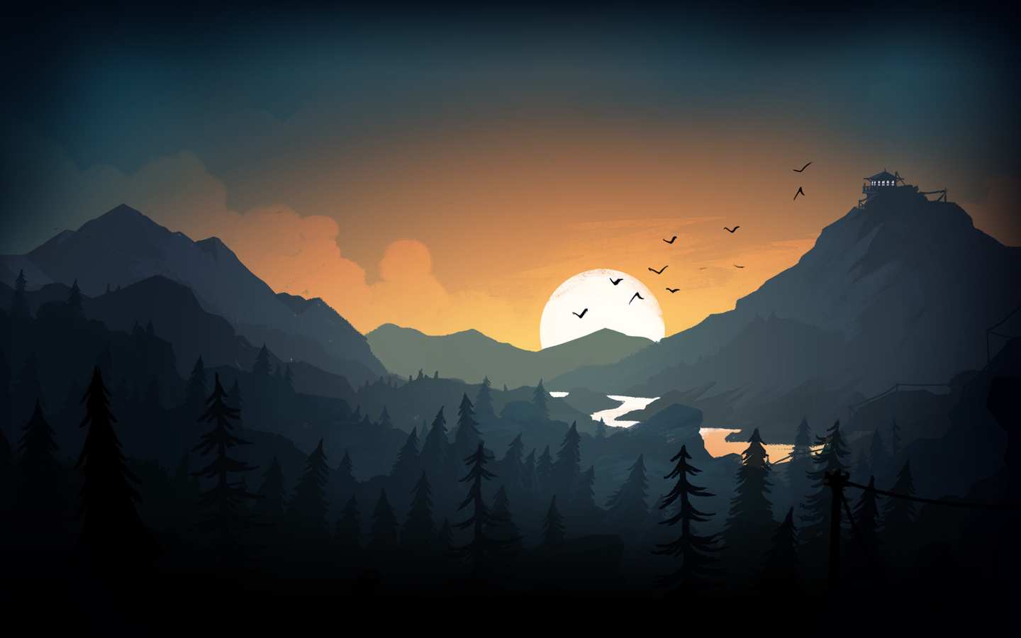 1440x900 Firewatch Sun Trees Mountains Birds Lake Evening Wallpaper ...