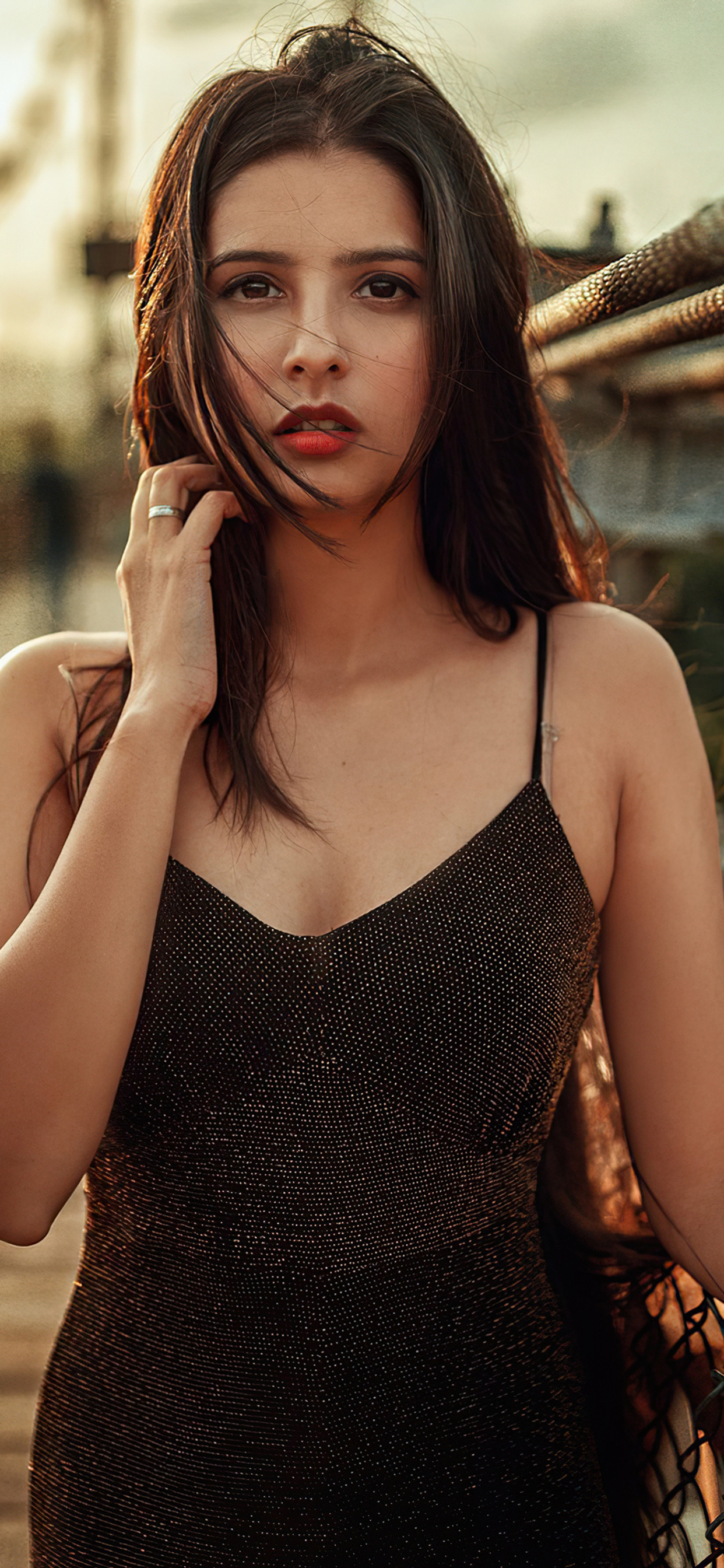 1242x2688 Girl Black Dress Hairs In Face 4k Iphone Xs Max Hd 4k