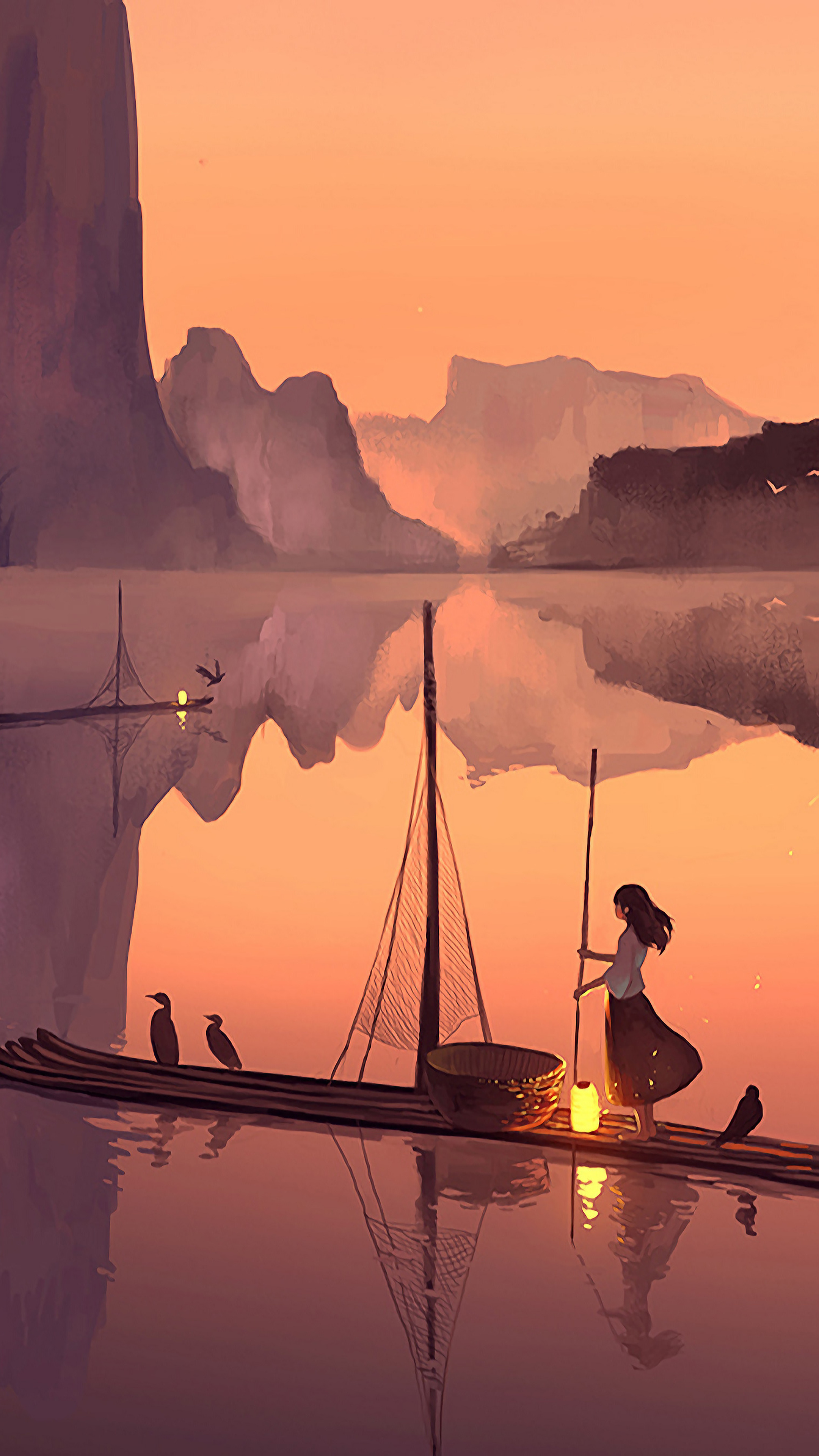 2160x3840 Girl Boat Valley Birds Evening Sale 4k Sony Xperia X,XZ,Z5 ...