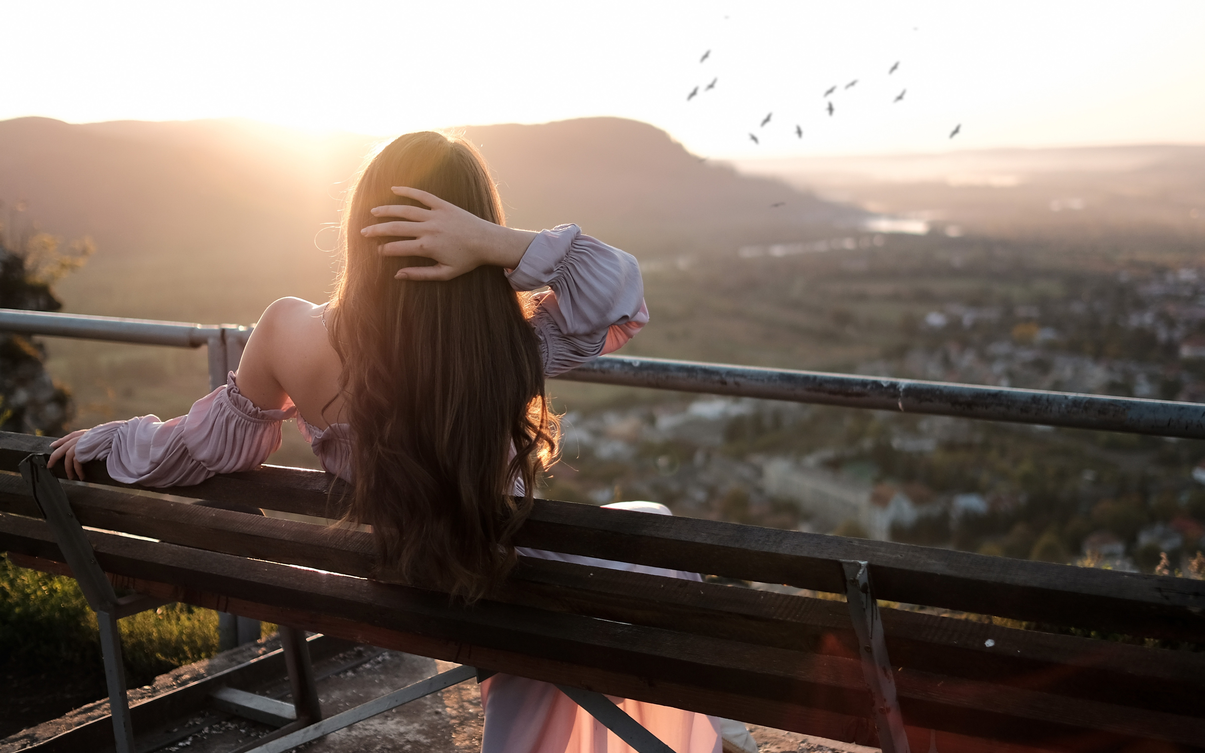 3840x2400 Girl Sitting Bench Back Hands In Hair Nature Outdoors 4K ,HD ...