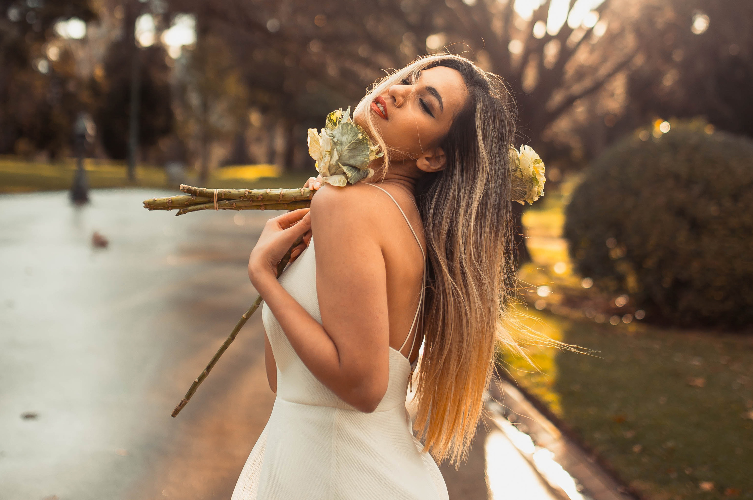 2560x1700 Girl White Dress With Flowers Closed Eyes 4k Chromebook Pixel