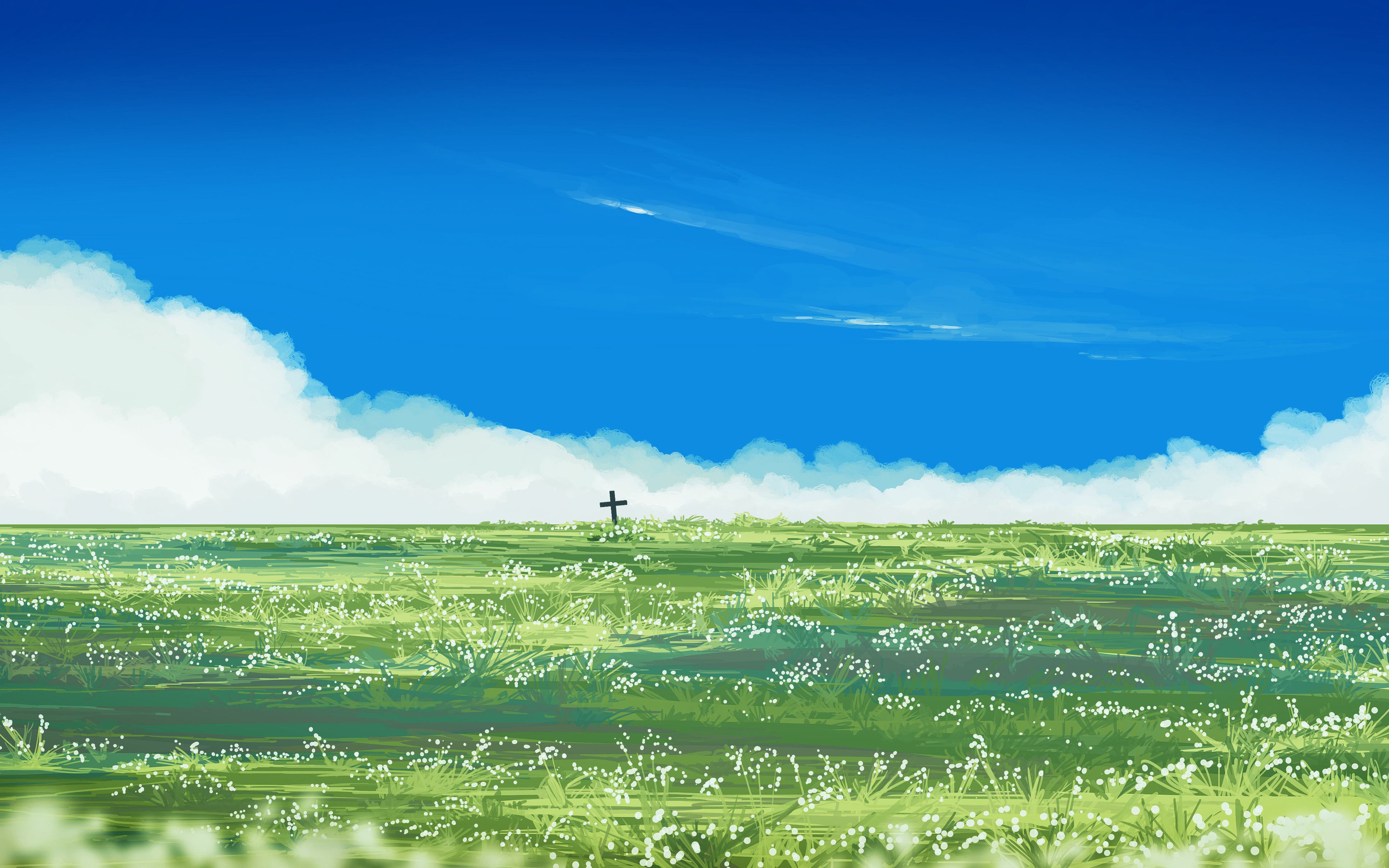 2880x1800 Grass Sky Clouds Cross Macbook Pro Retina Hd 4k Wallpapersimagesbackgroundsphotos