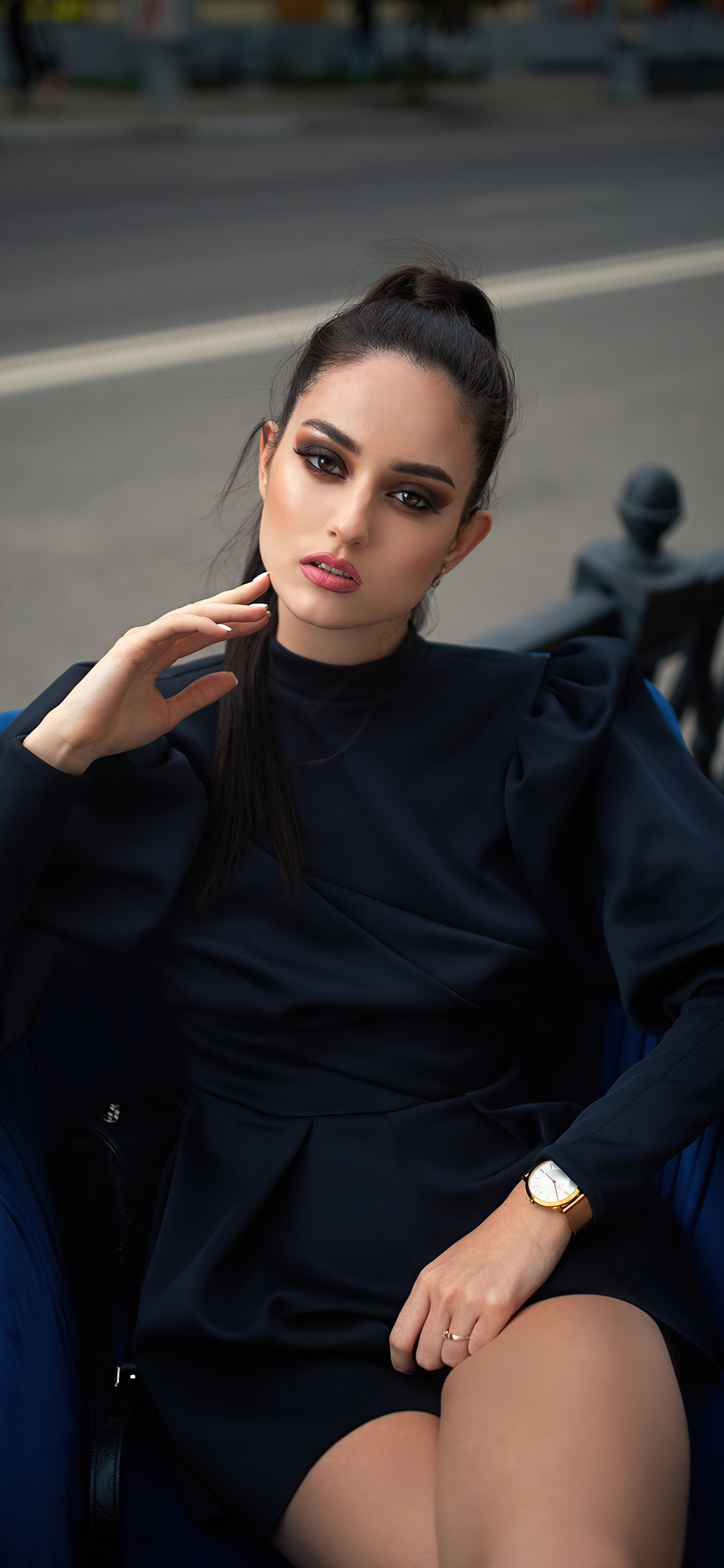 1125x2436 Hand On Face Sitting On Chari Black Dress 4k Iphone XS,Iphone ...