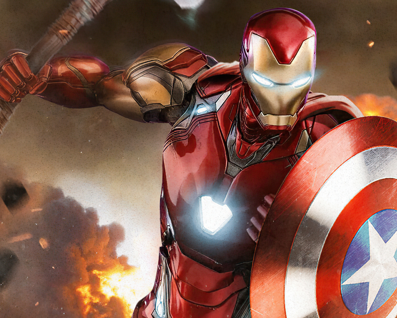 1280x1024 Iron Man With Captain Shield And Thor Hammer 4k Wallpaper ...