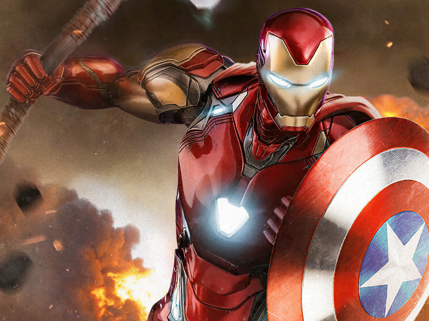 1400x1050 Iron Man With Captain Shield And Thor Hammer 4k Wallpaper ...