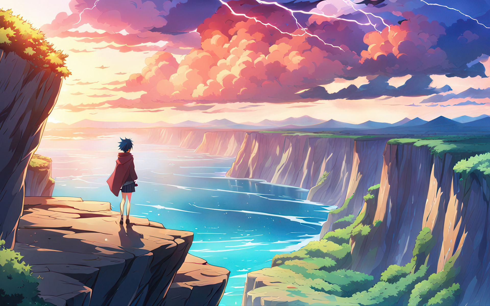 1920x1200 Lightning Thunder Above Coastal Cliffs 1080P Resolution ,HD ...