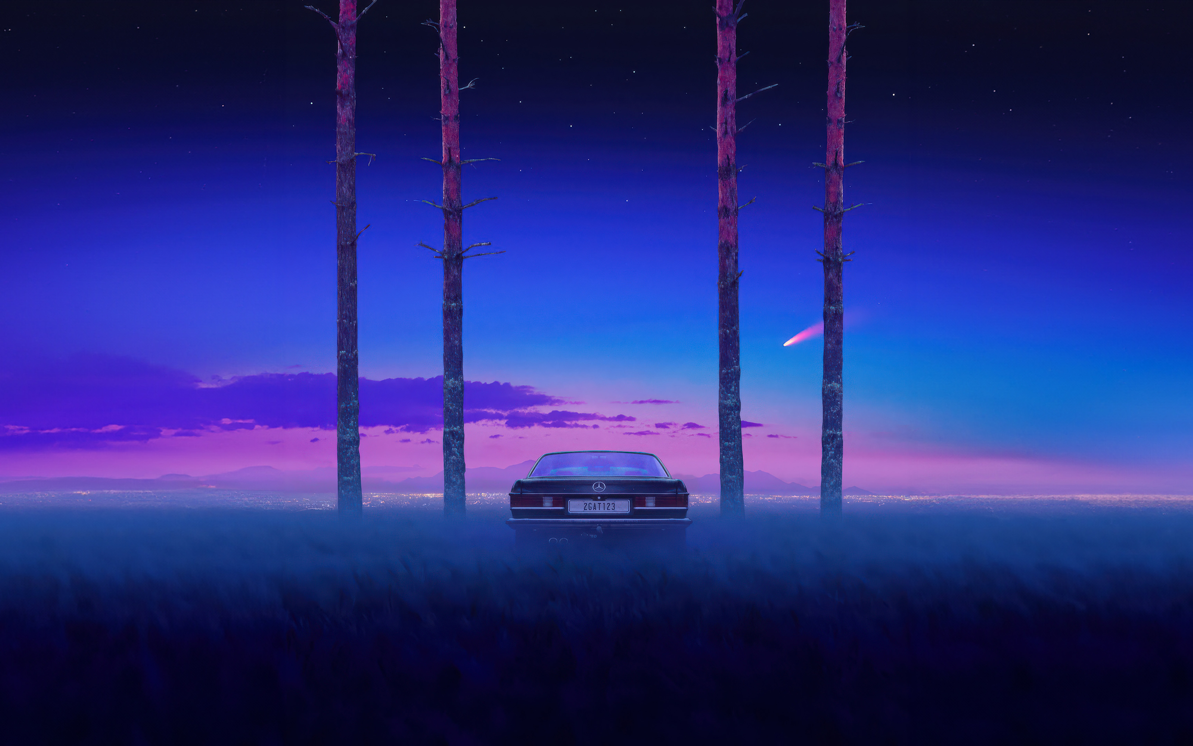 3840x2400 Lone Car In Synthwave Woods 4K ,HD 4k Wallpapers,Images,Backgrounds,Photos and Pictures