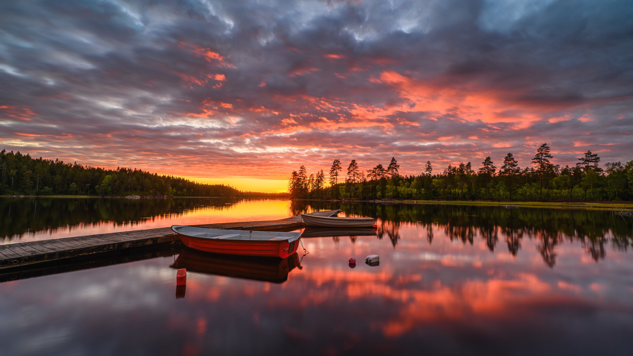 2048x1152 Majestic Lake Sunset Scene Boat Reflection Wallpaper ...