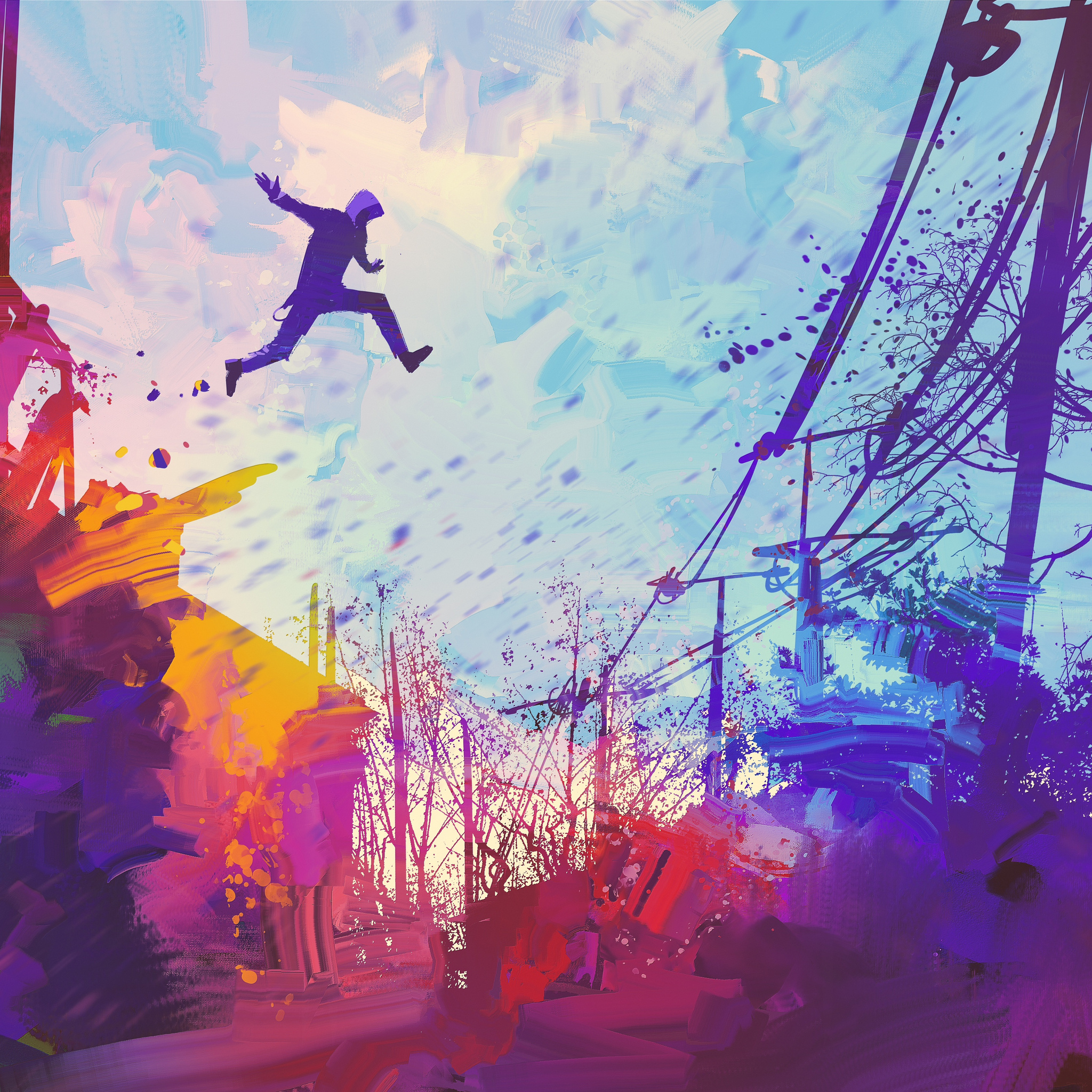 2048x2048 Man Jumping Roof Abstract Illustration Painting 5k Ipad Air ,HD 4k Wallpapers,Images ...