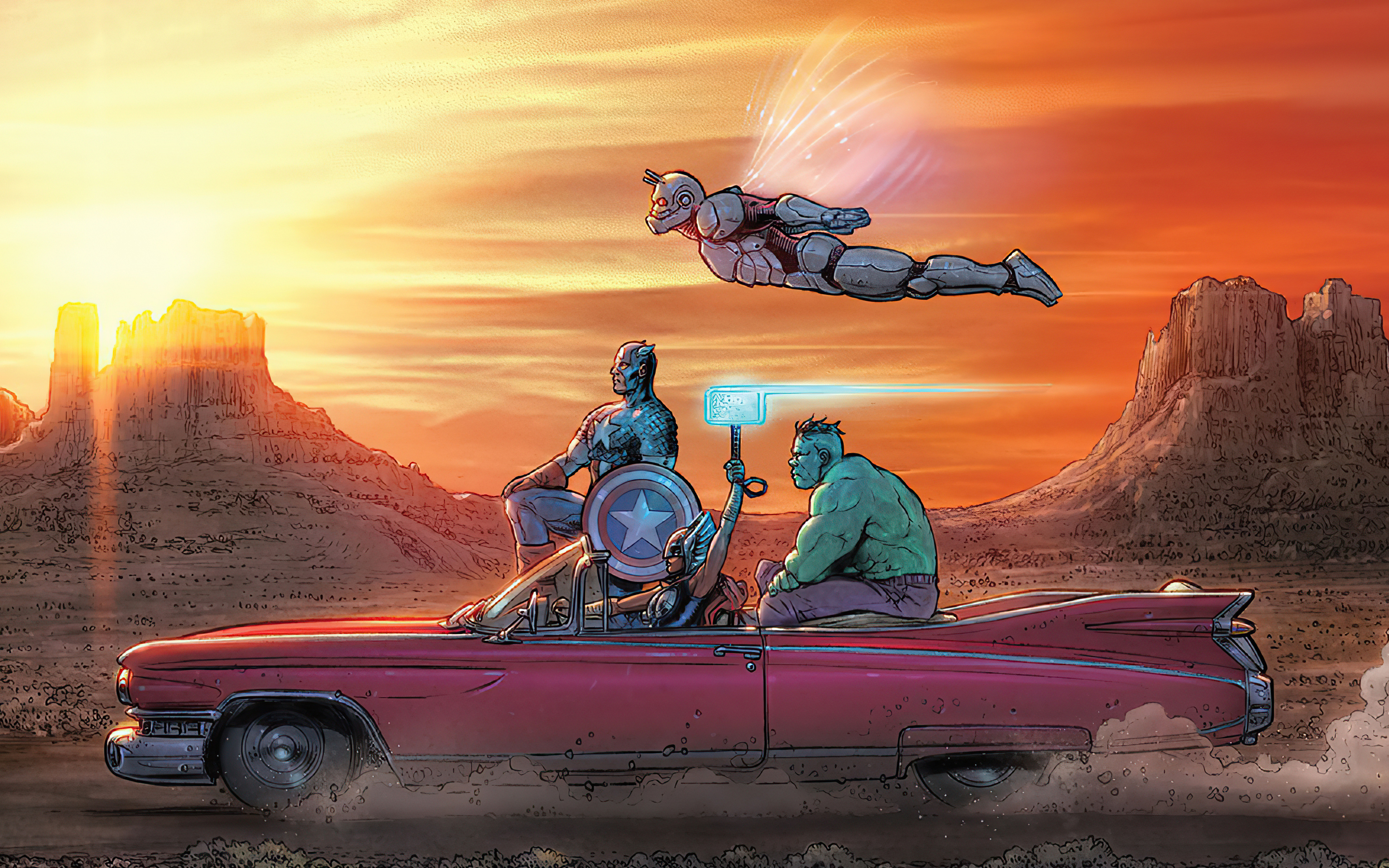 3840x2400 Marvel Heroes On Vintage Car 4K ,HD 4k Wallpapers,Images ...