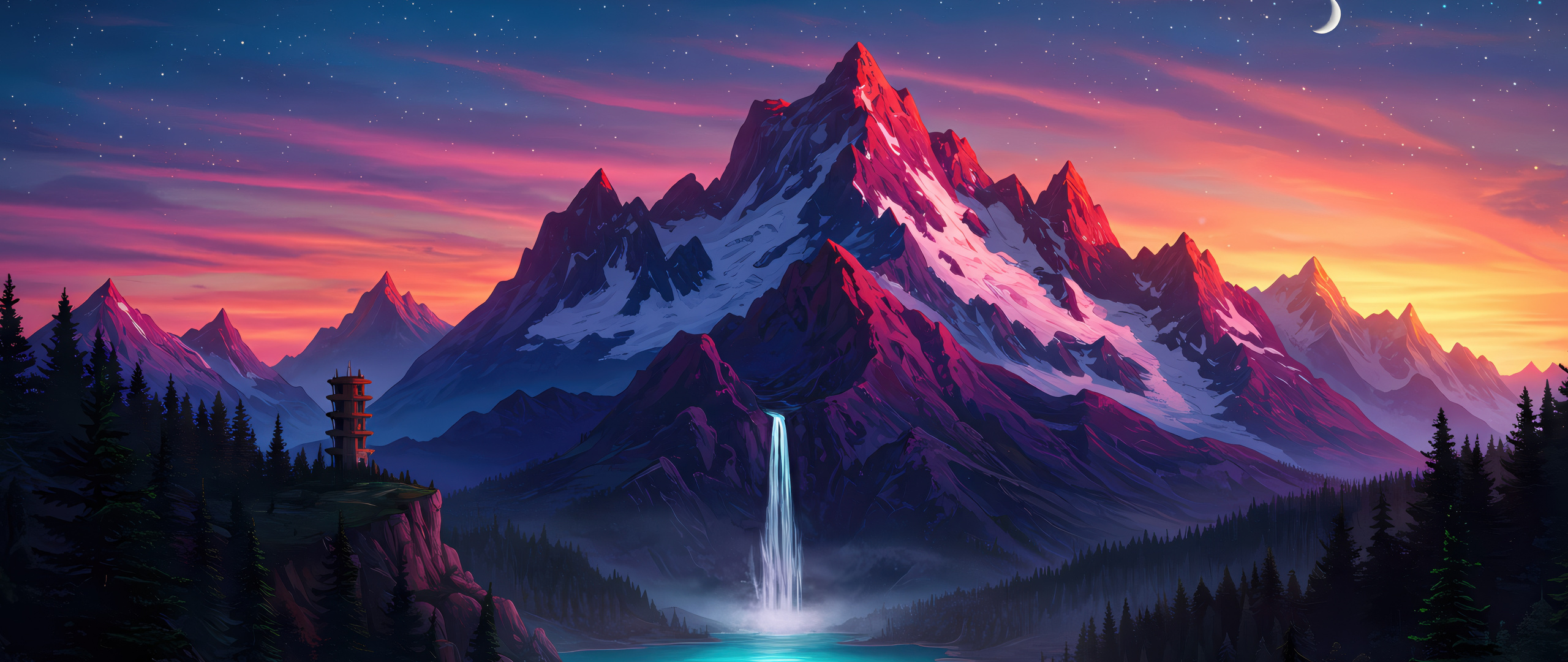 2560x1080 Minimal Waterfall In Mountains Scenery Beautiful 5k Wallpaper ...