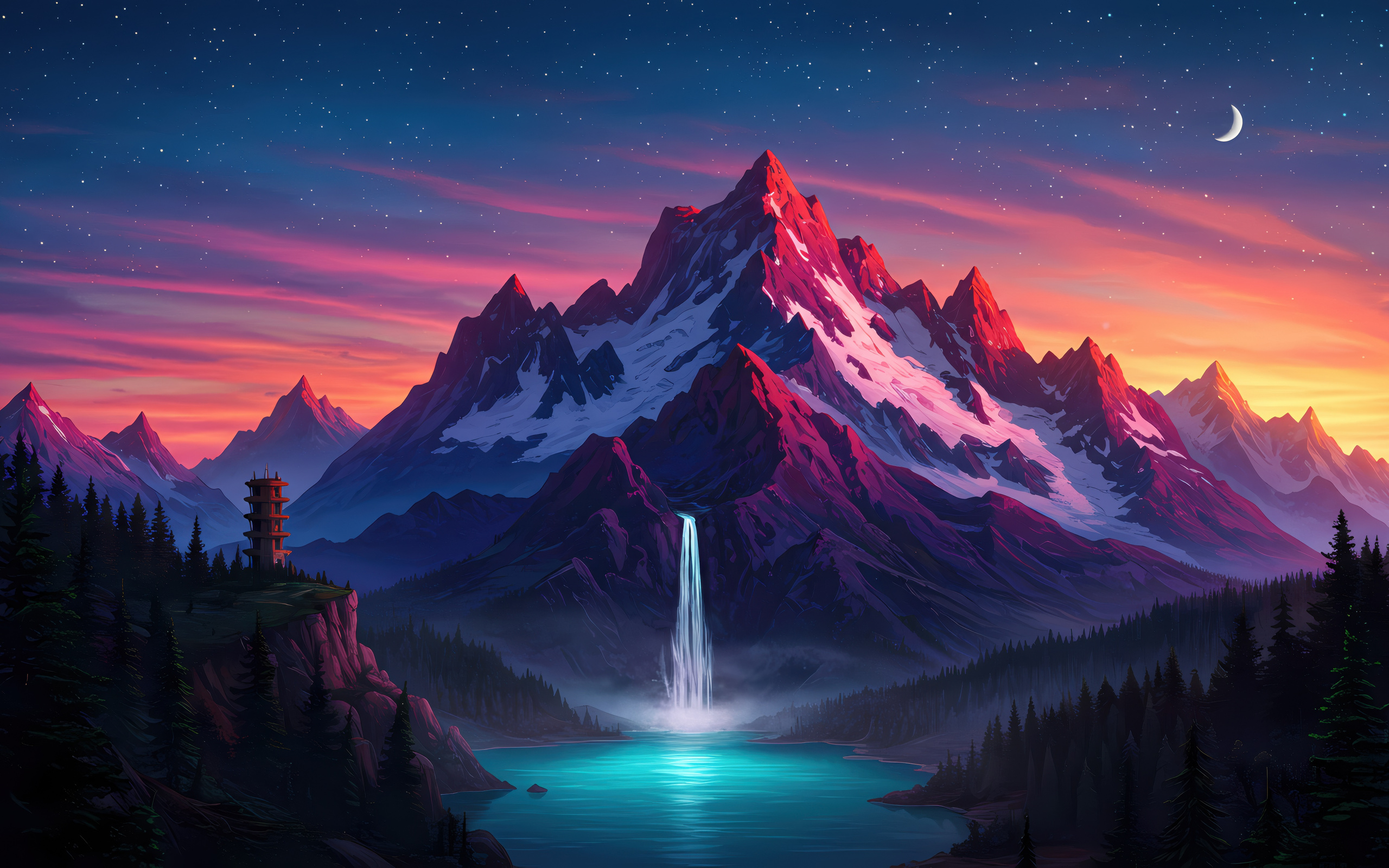 2560x1600 Minimal Waterfall In Mountains Scenery Beautiful 5k Wallpaper ...