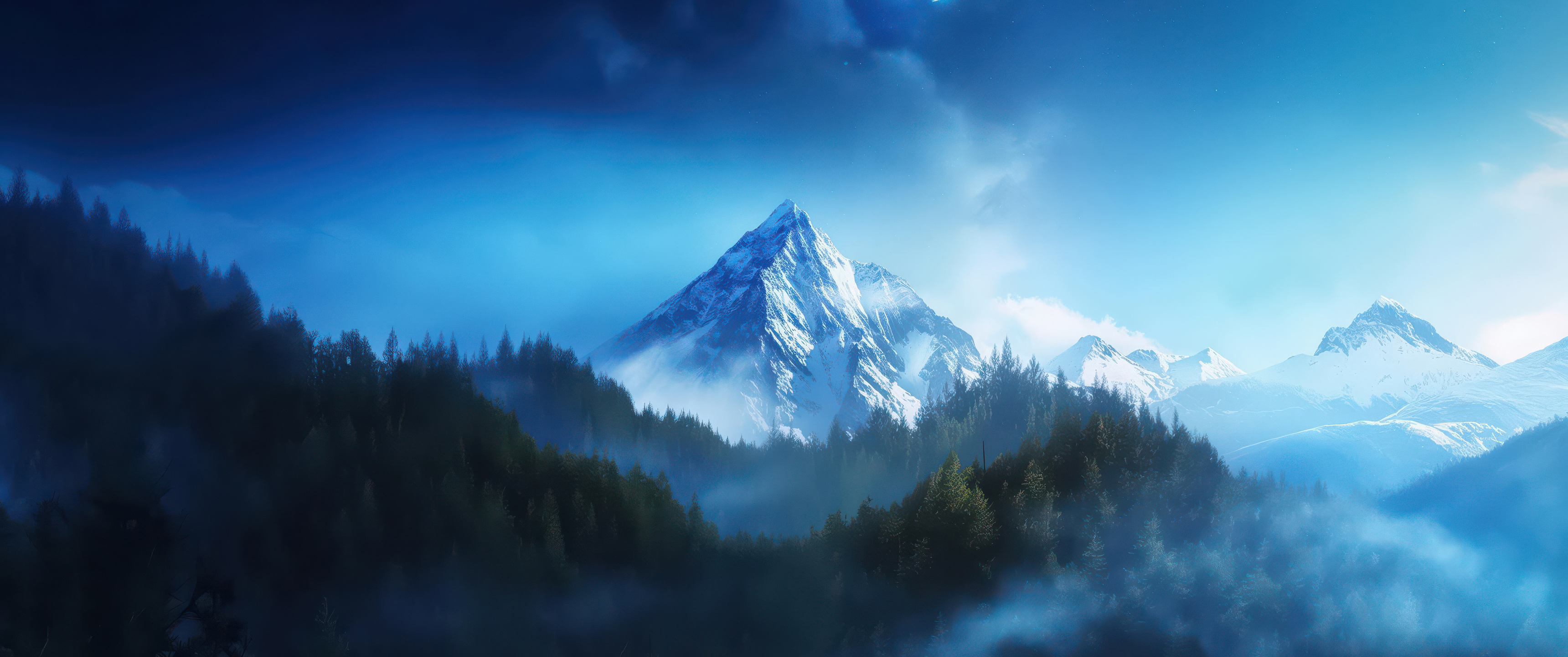 3440x1440 Misty Mountain Majesty Snow Peaks Under Crescent Moon ...