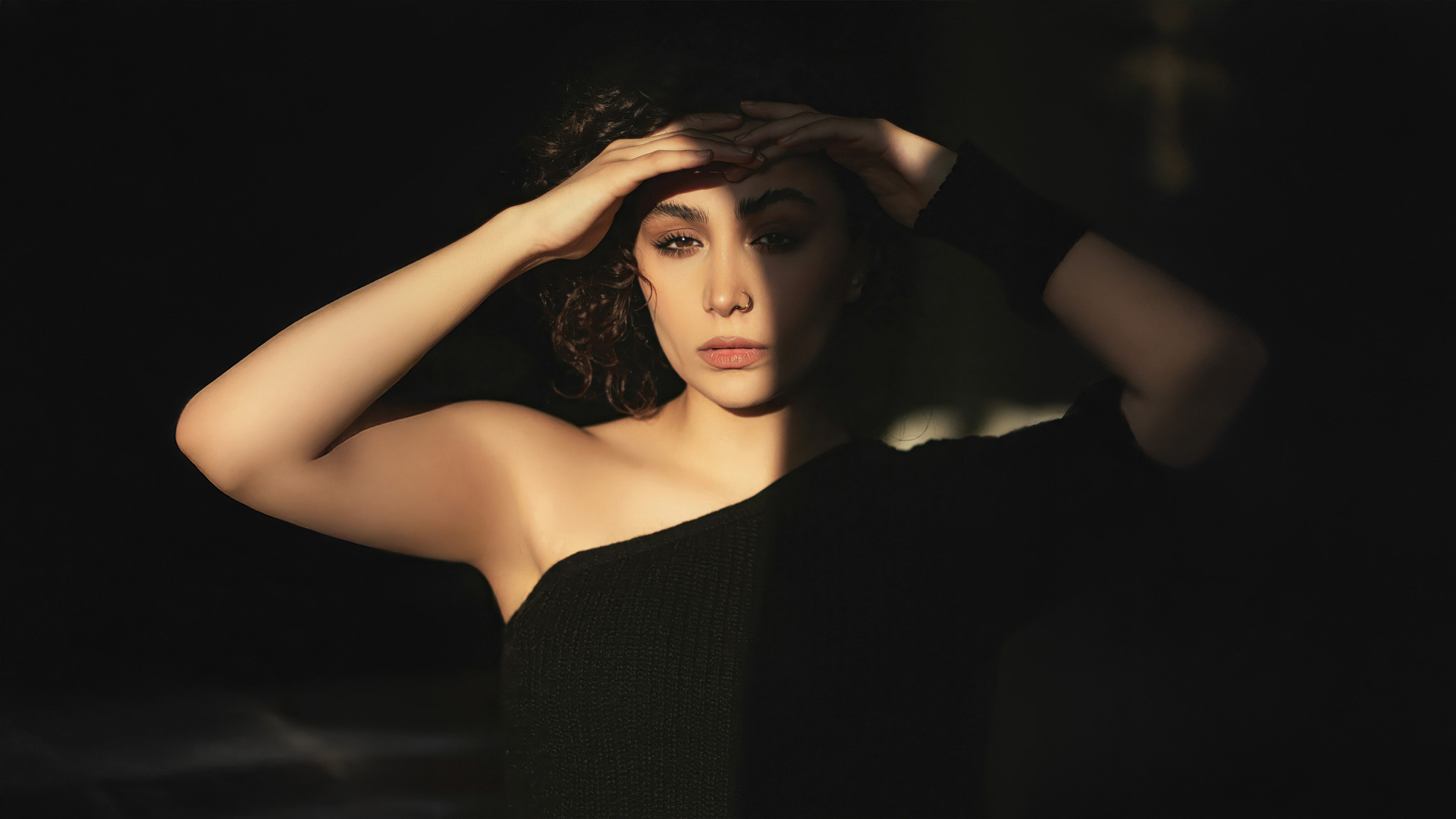 1920x1080 Model In Black Dress Sun Shadow On Her Face Laptop Full HD ...