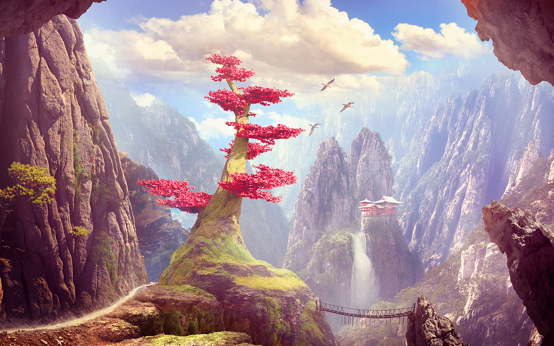 1920x1200 Mountain Tree Temple Fantasy Art 1080P Resolution ,HD 4k ...