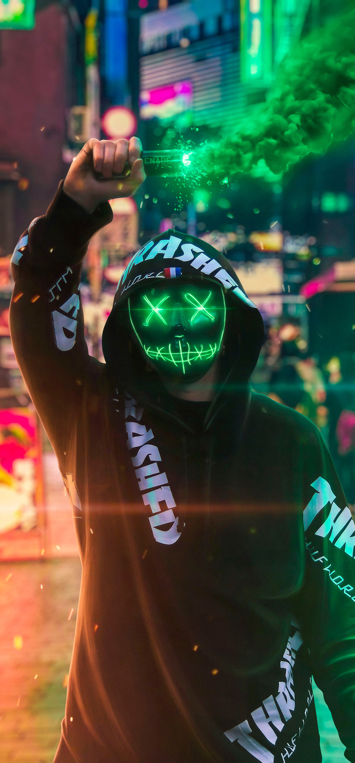 1242x2668 Neon Mask Guy With Green Smoke Iphone XS MAX ,HD 4k ...