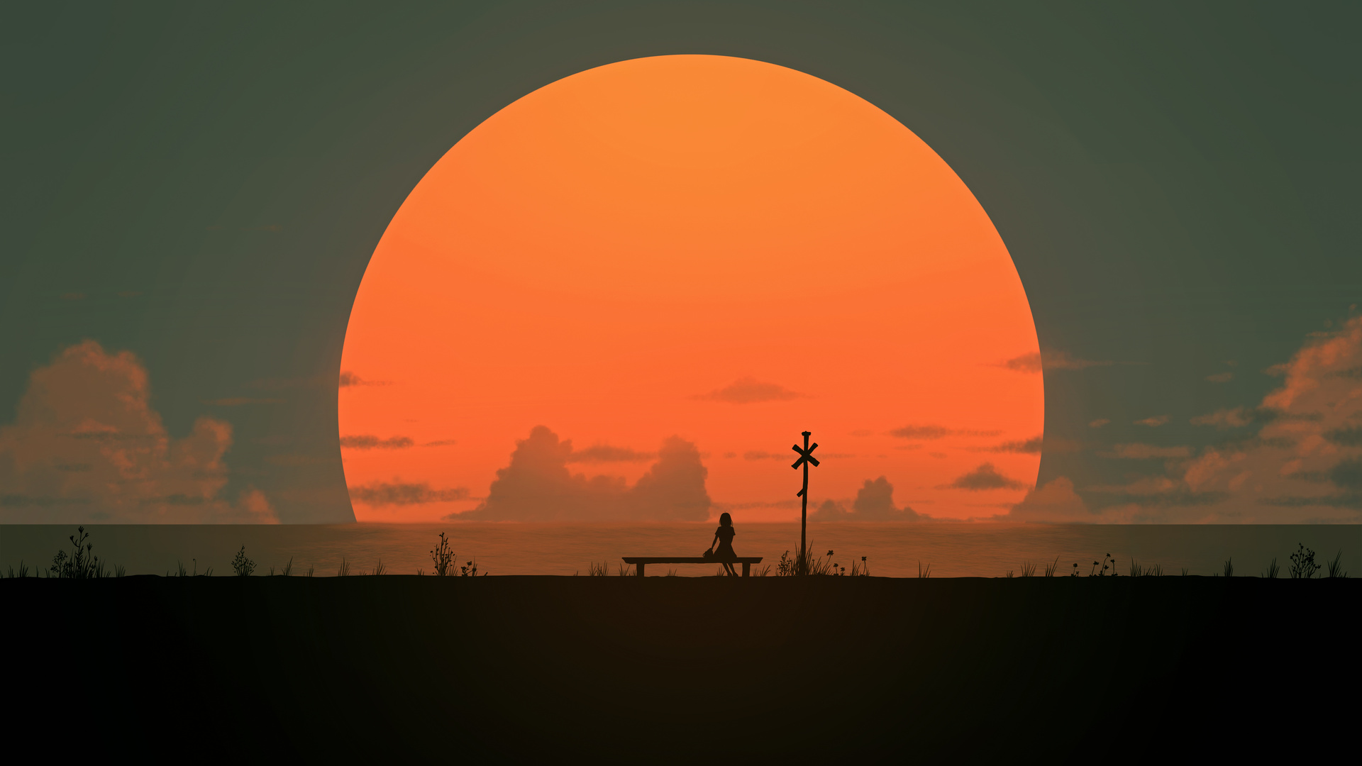 1920x1080 Person Sitting Alone At Sunset With Large Sun Laptop Full HD ...