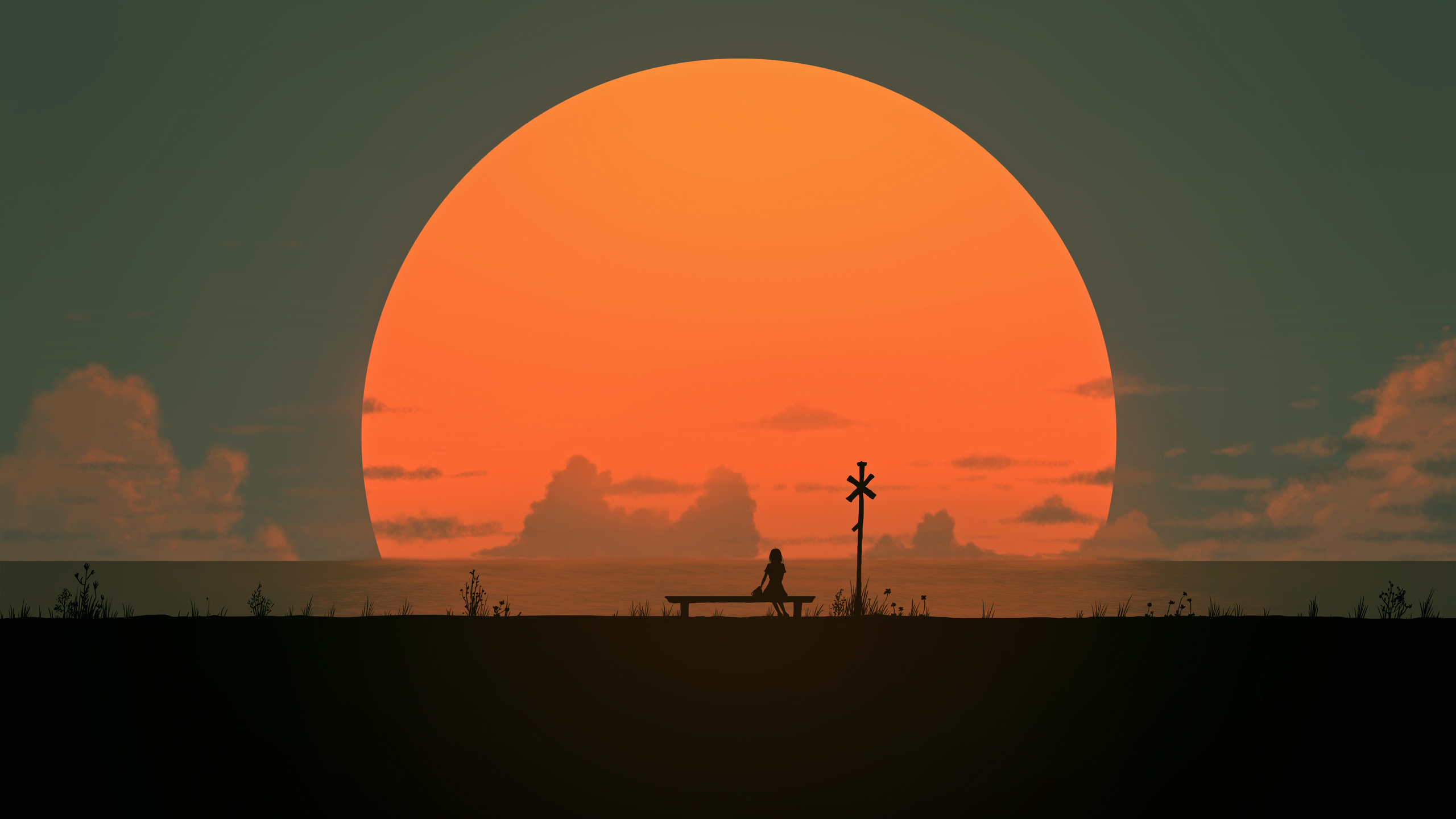 2560x1440 Person Sitting Alone At Sunset With Large Sun 1440P ...