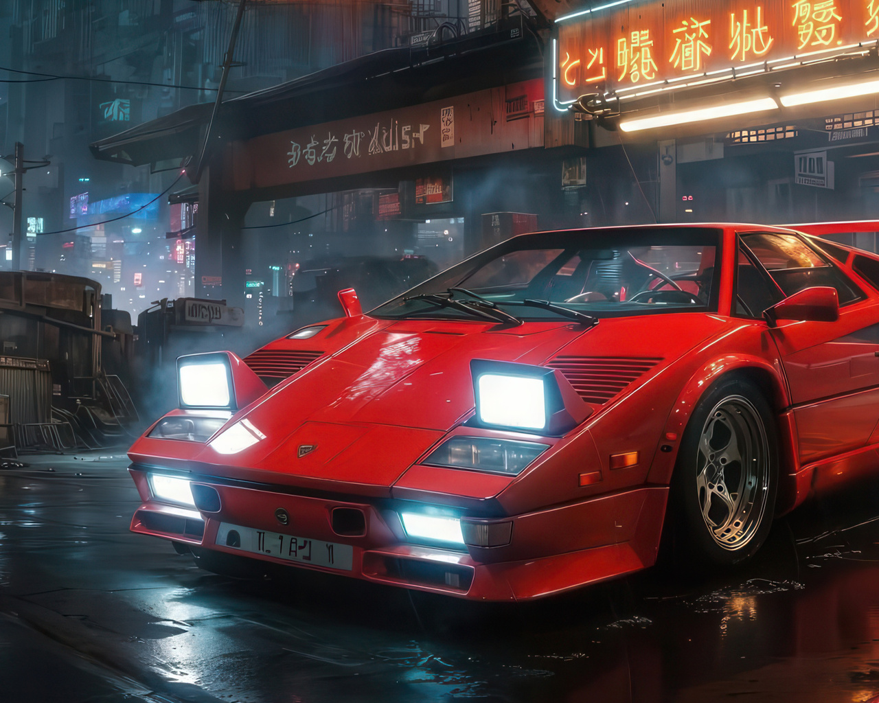 1280x1024 Red Lamborghini Countach In Cyberpunk City Wallpaper ...