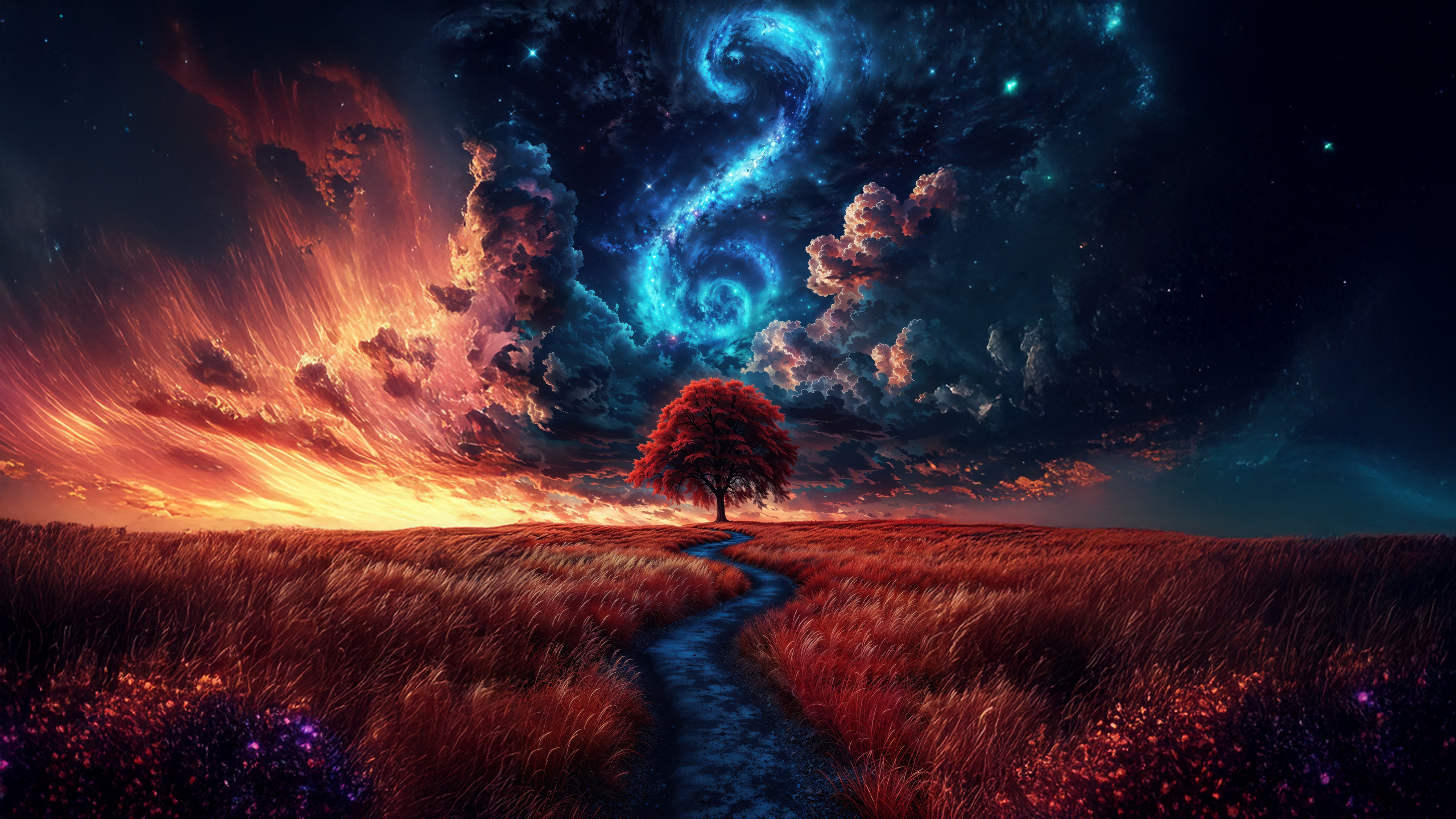 2560x1440 Red Tree In A Vast Red Field Under A Full Moon In A Dark 1440P Resolution ,HD 4k ...