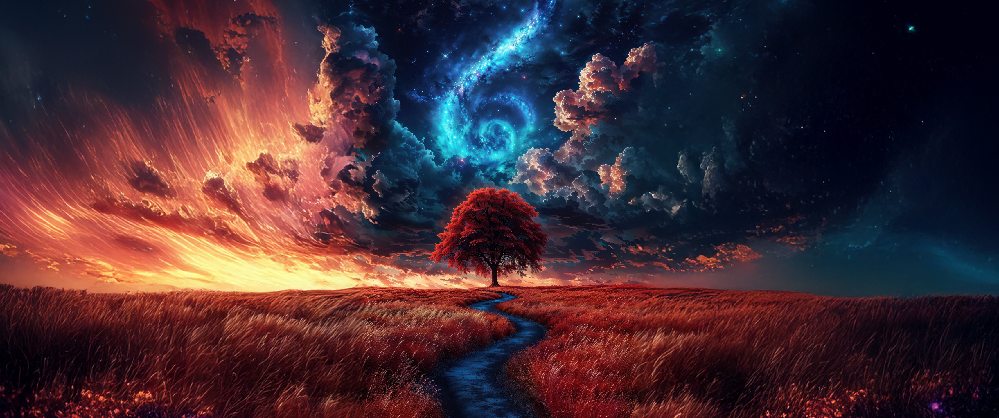 3440x1440 Red Tree In A Vast Red Field Under A Full Moon In A Dark ...