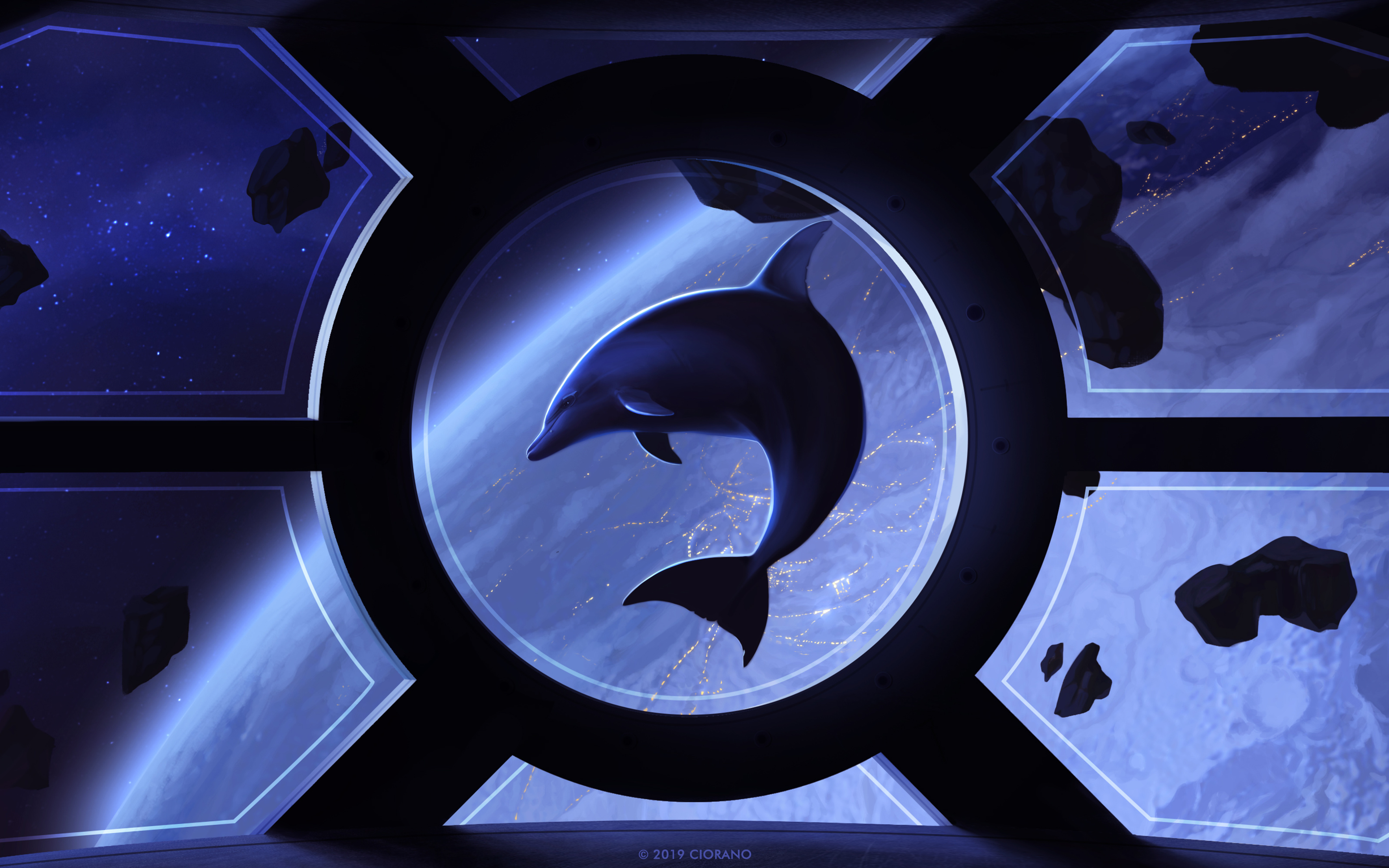 3840x2400 Spaceship Dolphin Night Painting 5k 4K ,HD 4k Wallpapers ...