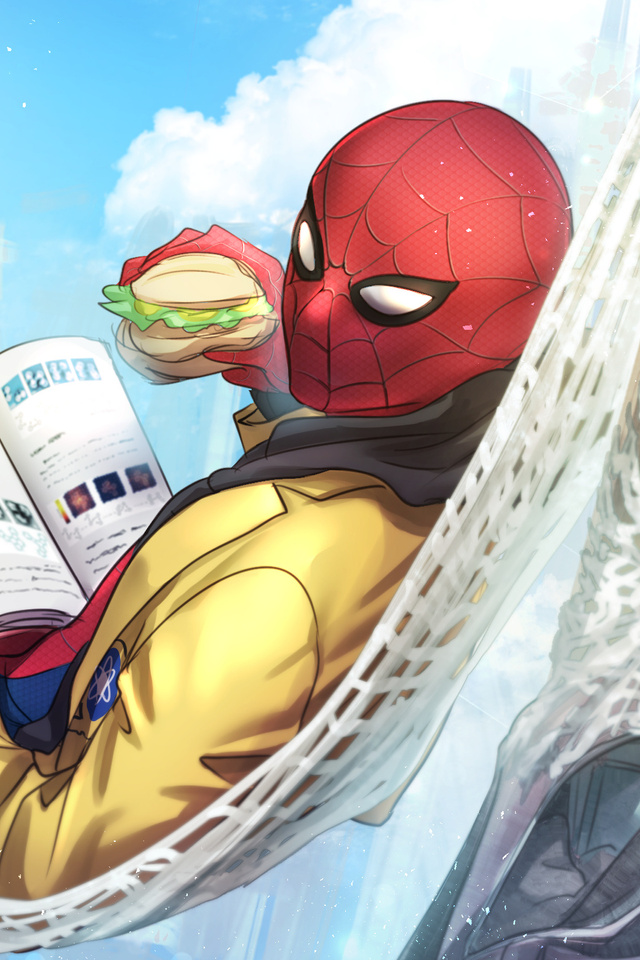 640x960 Spiderman Reading Book Eating Burger Iphone 4 Iphone 4s Hd 4k