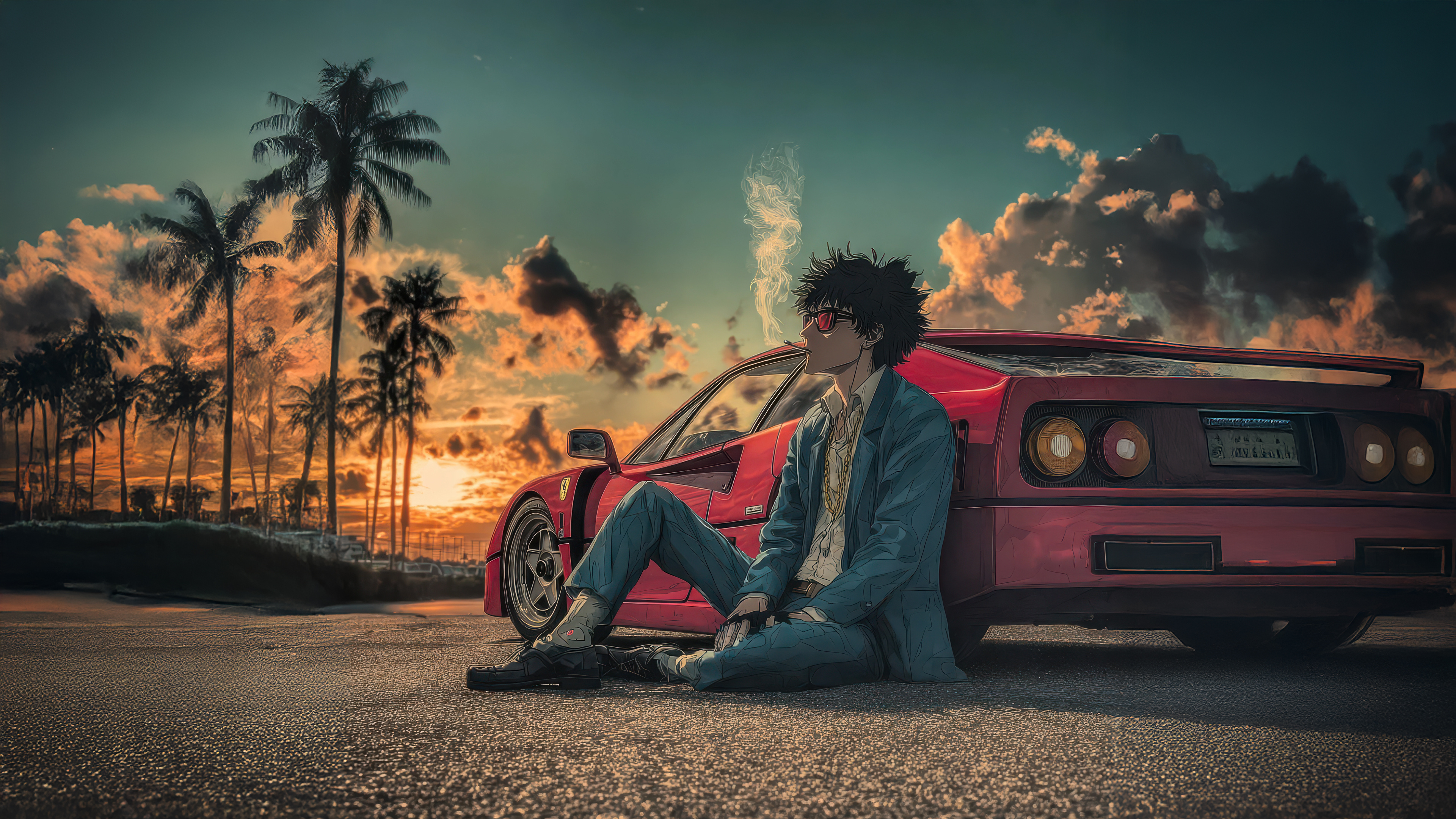 3840x2160 Sunset Dreams With Red Ferrari And Palm Trees 4K ,HD 4k ...