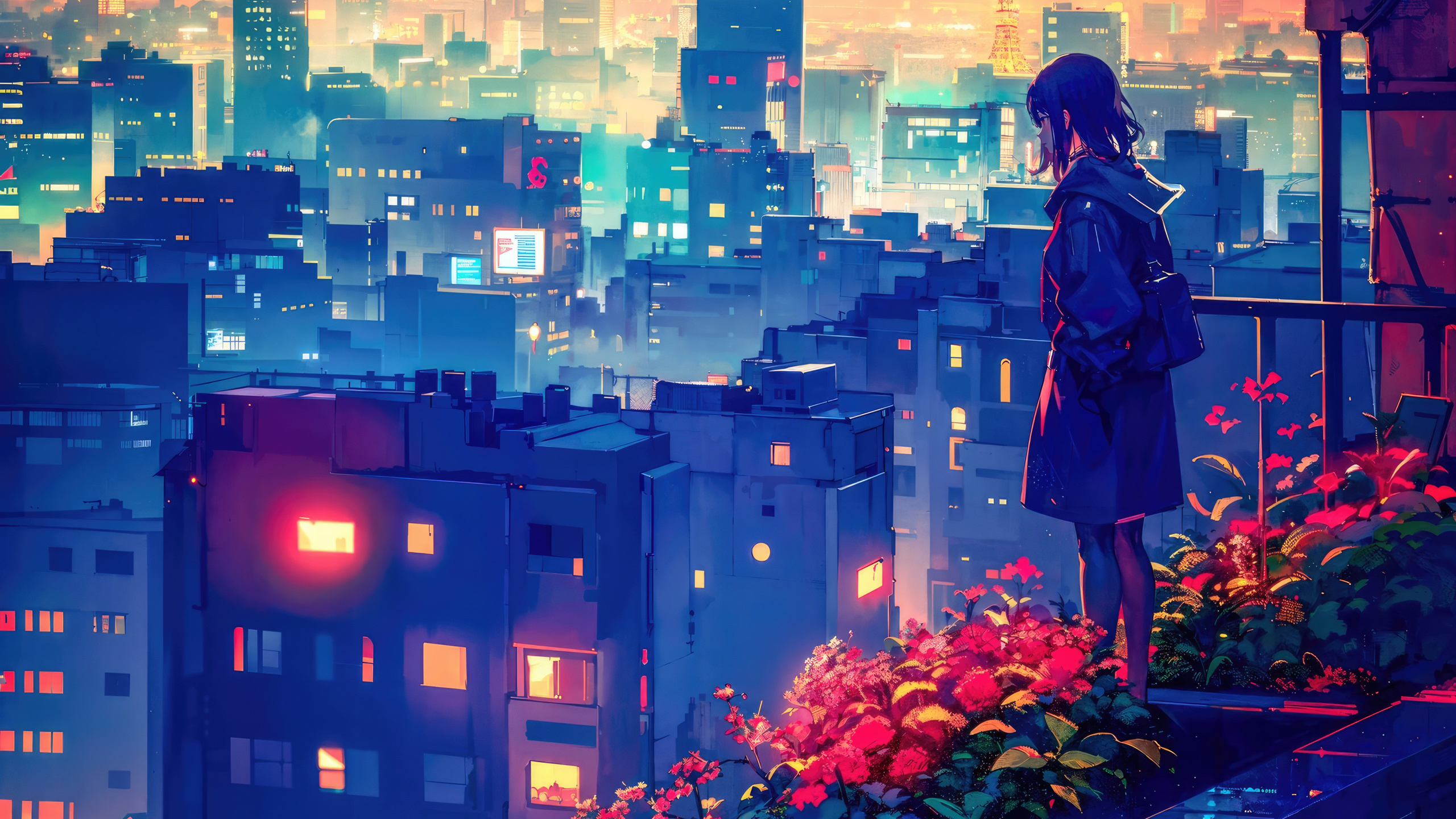 2560x1440 Urban Isolation Anime Girl And The City Lights 1440P ...