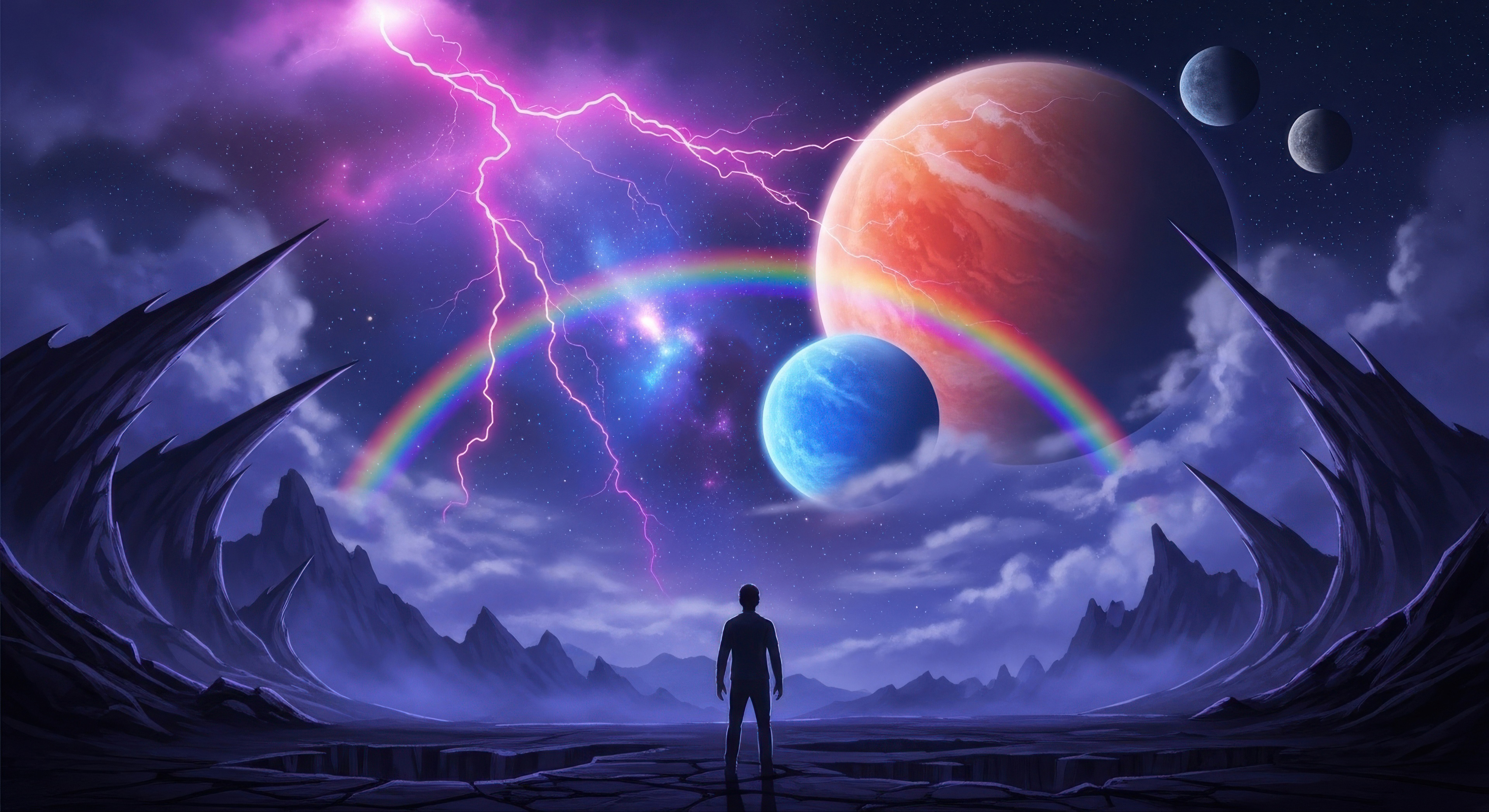 Alone Man Watching Planets With Lightning And Rainbow Wallpaper,HD ...